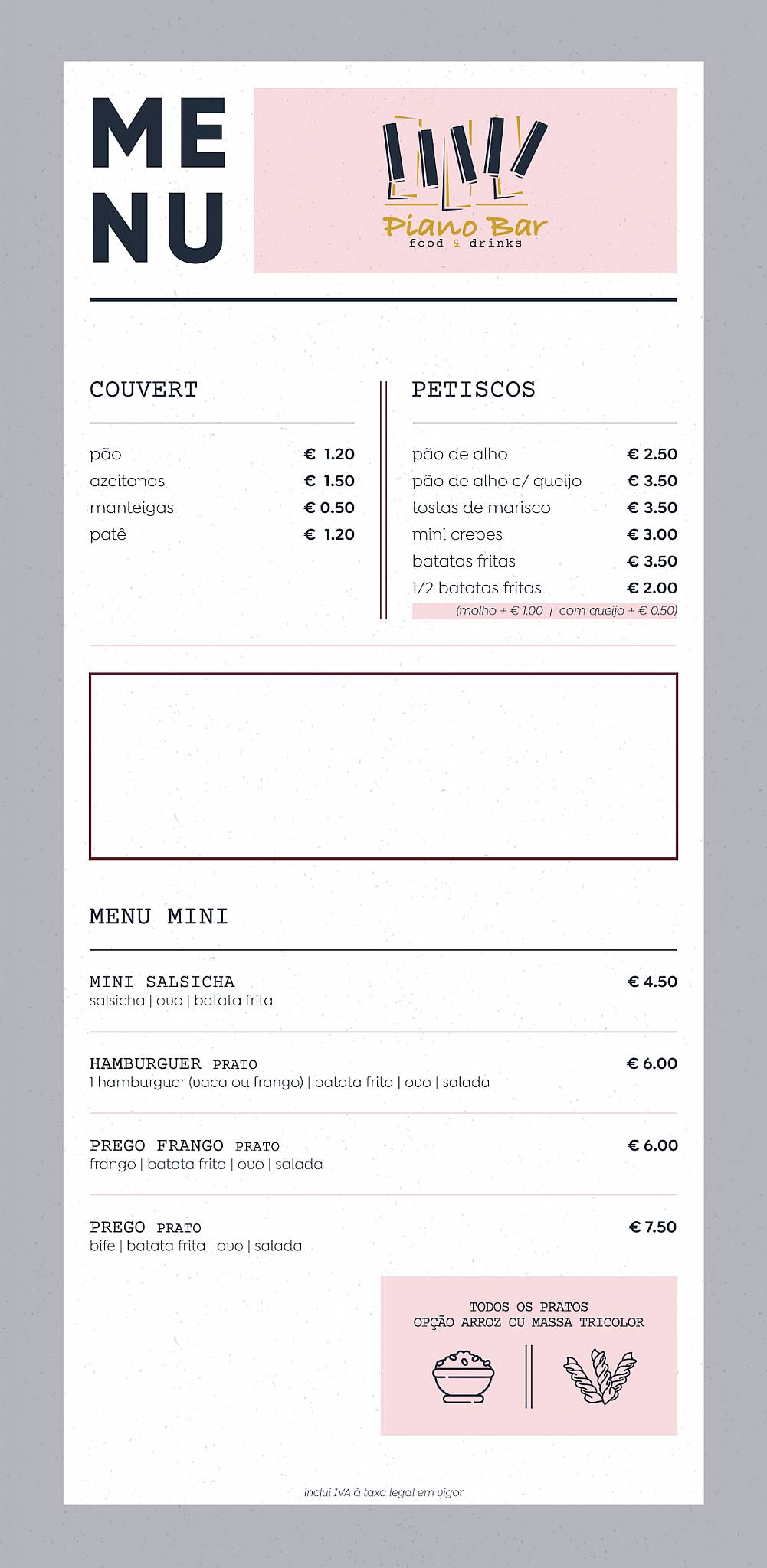 Menu em Piano Bar, Esmoriz