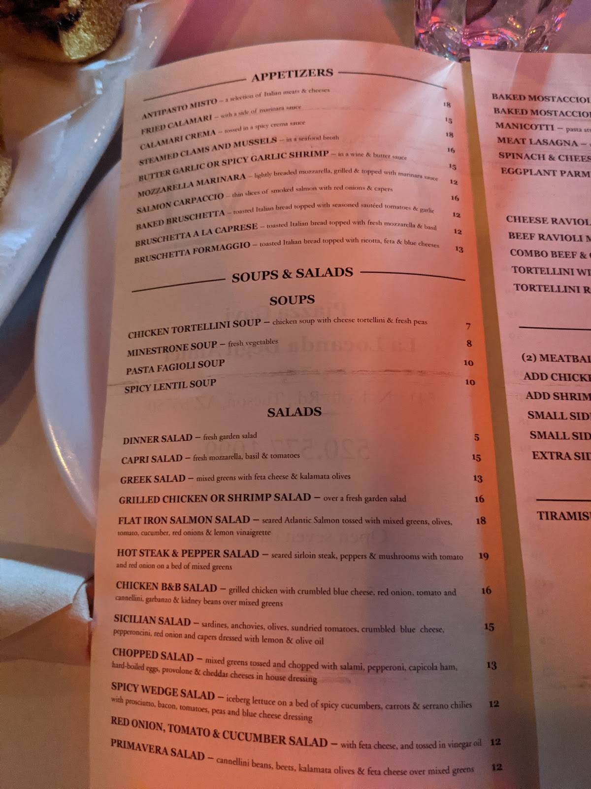 Menu at Piazza Gavi restaurant, Tucson