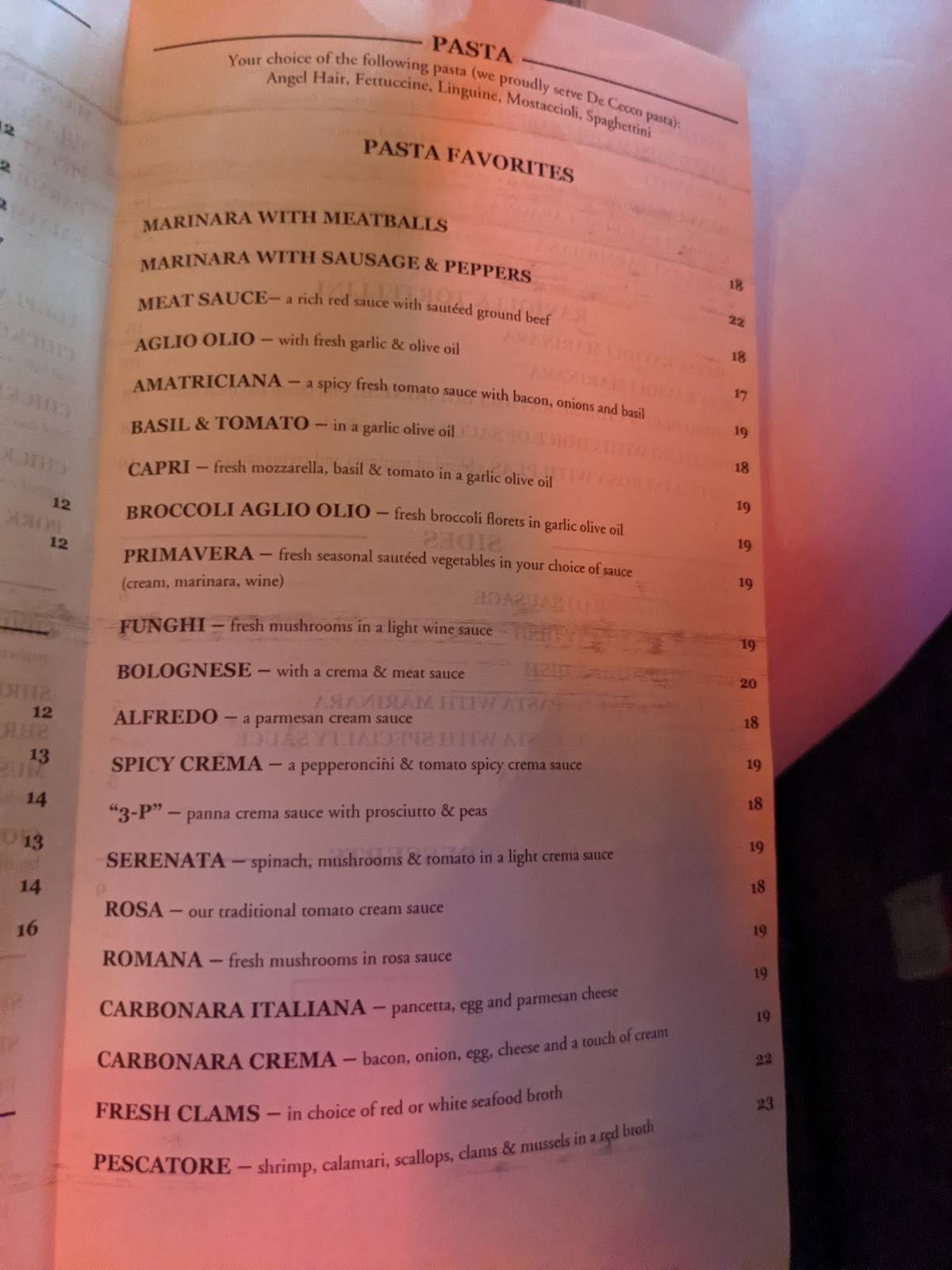 Menu at Piazza Gavi restaurant, Tucson