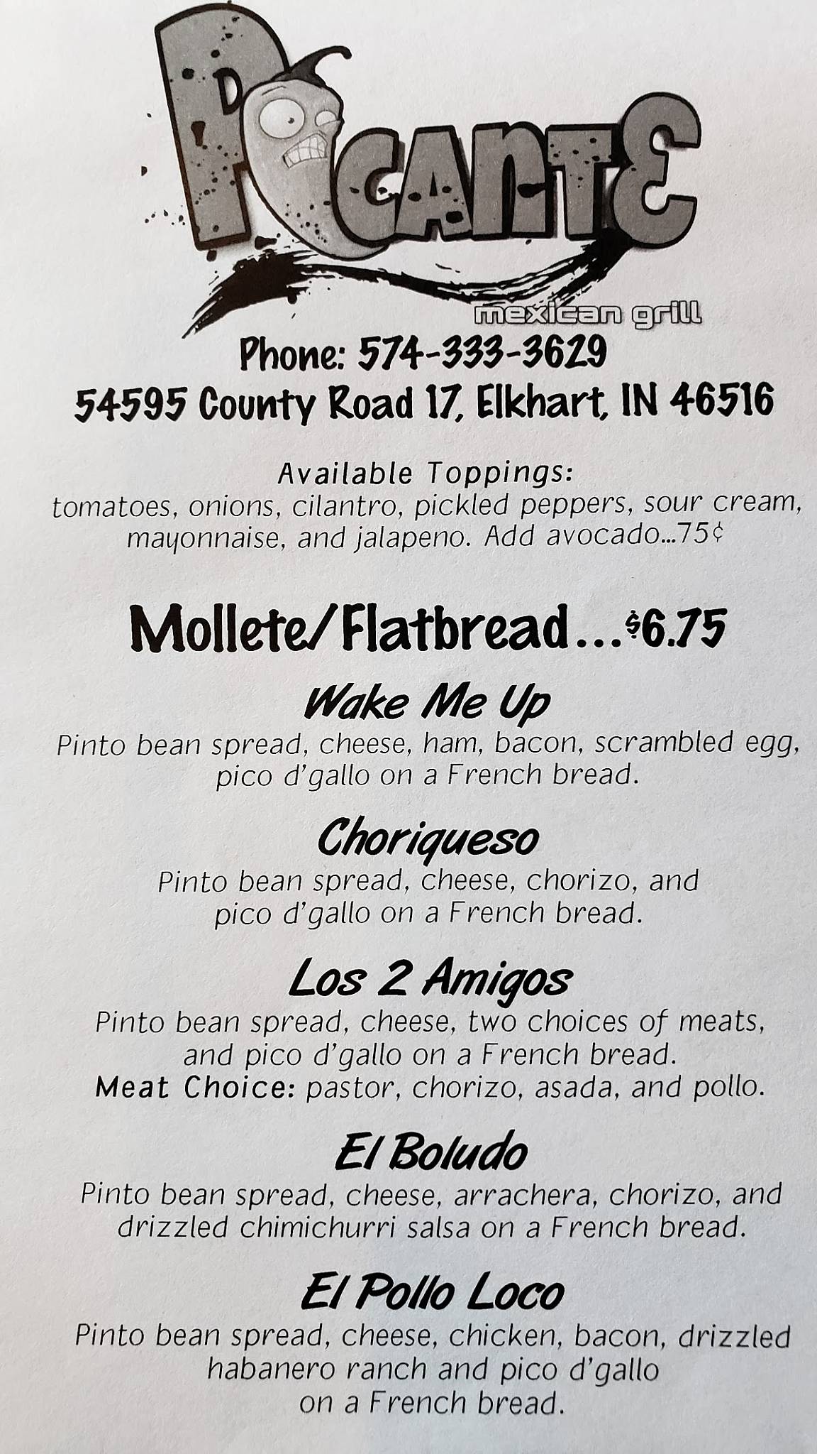 Menu at Picante Mexican Grill restaurant, Elkhart