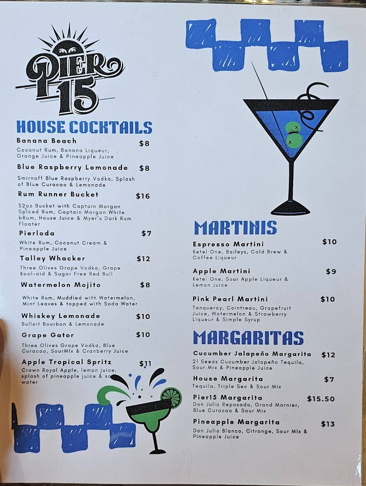 Menu at Pier 15 pub & bar, Biloxi