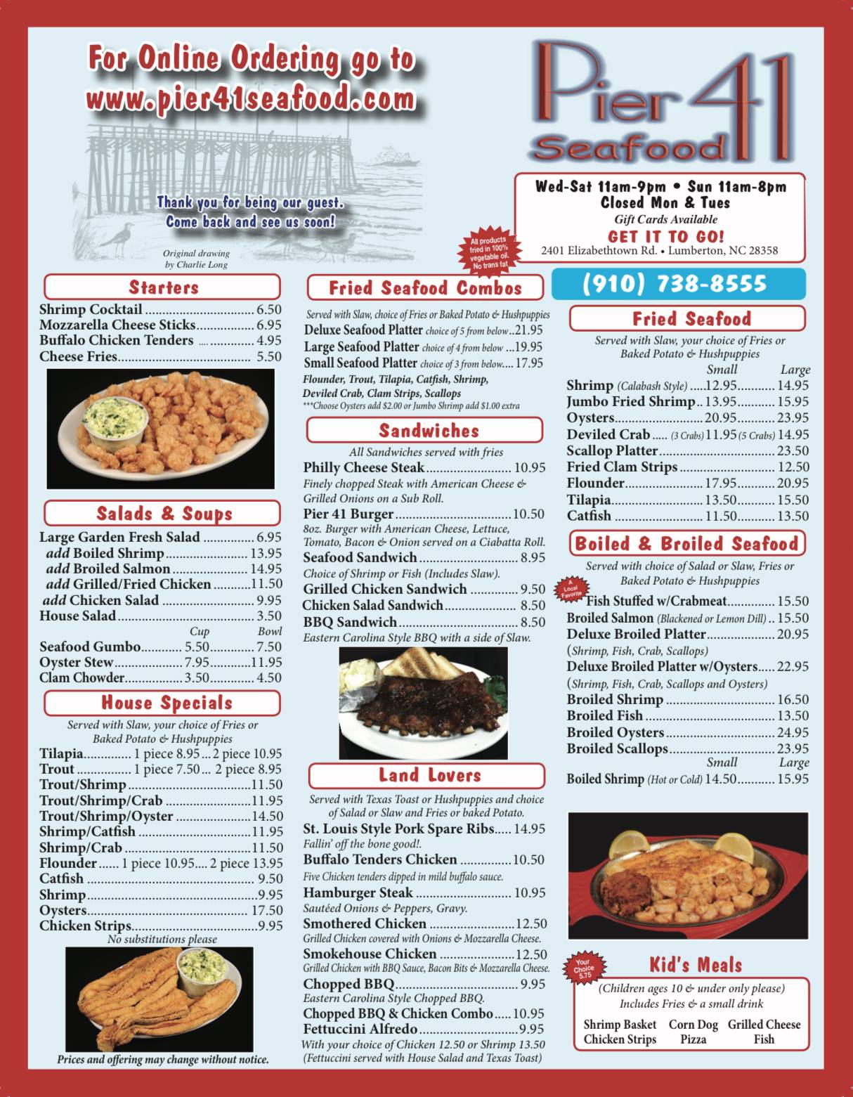 Menu at Pier 41 Seafood restaurant, Lumberton