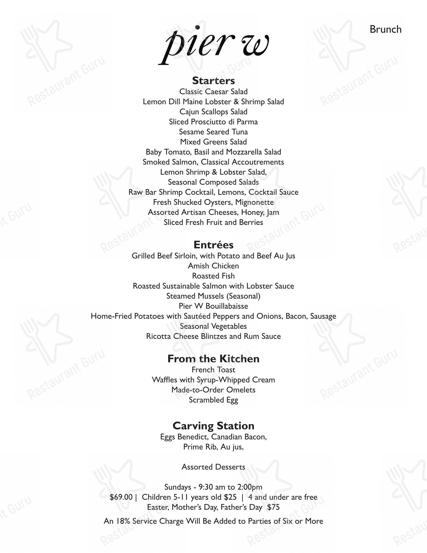 Menu at Pier W restaurant, Lakewood