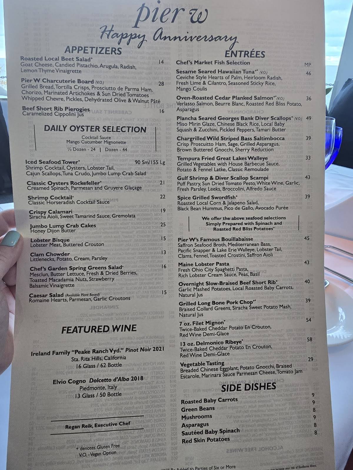 Menu at Pier W restaurant, Lakewood
