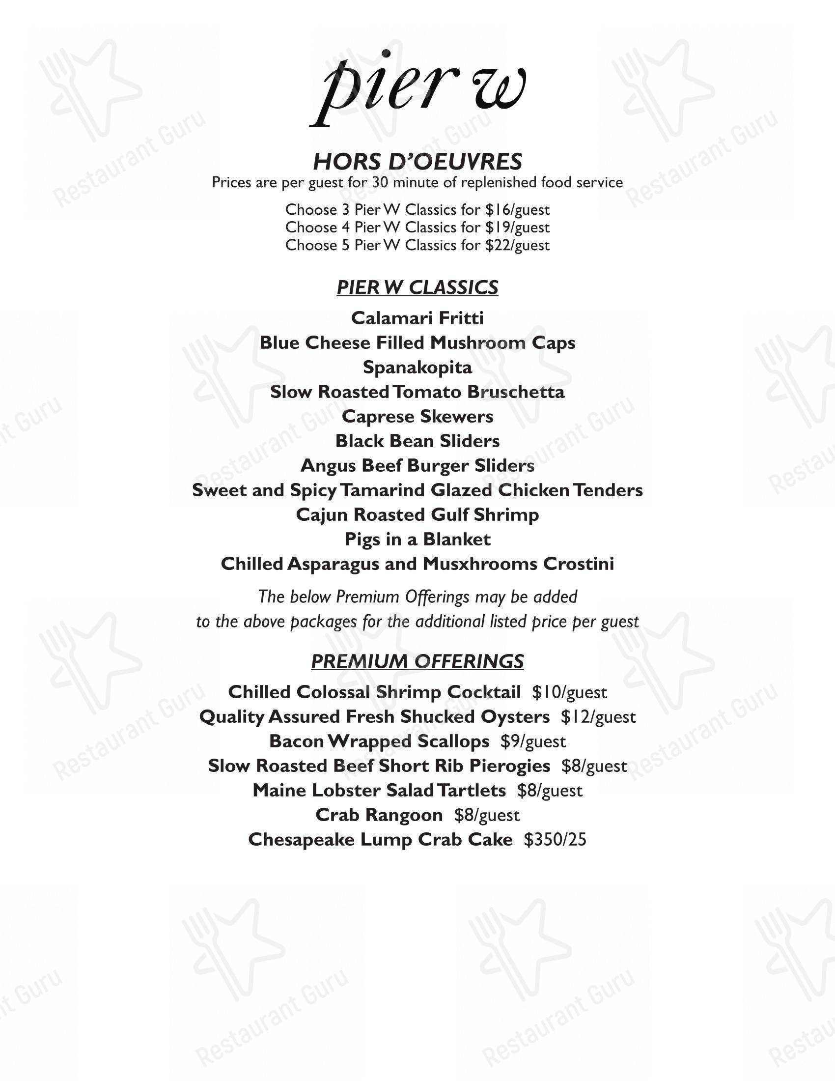 Menu at Pier W restaurant, Lakewood