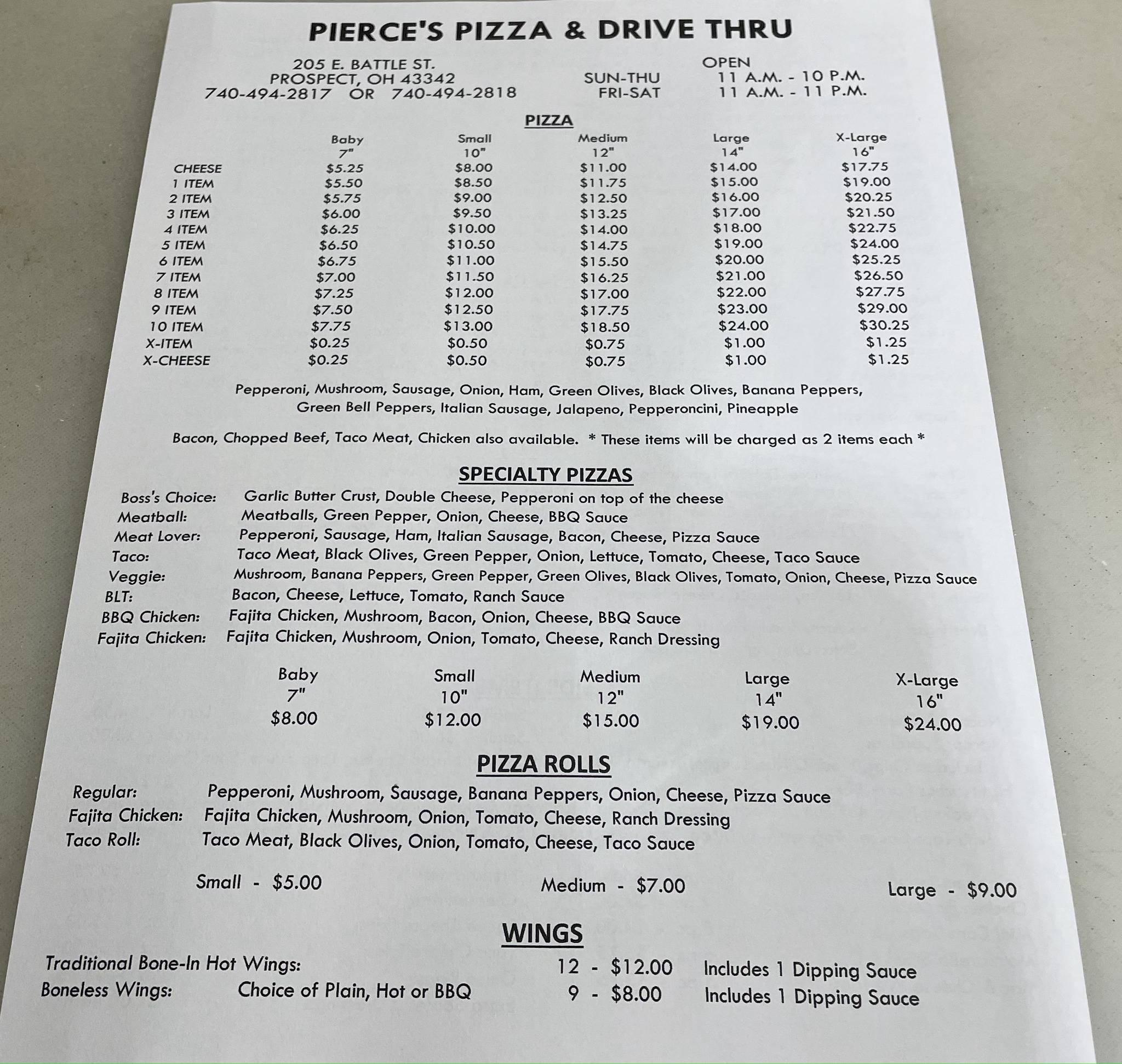Menu at Pierce's Pizza & Drive Thru pizzeria, Prospect