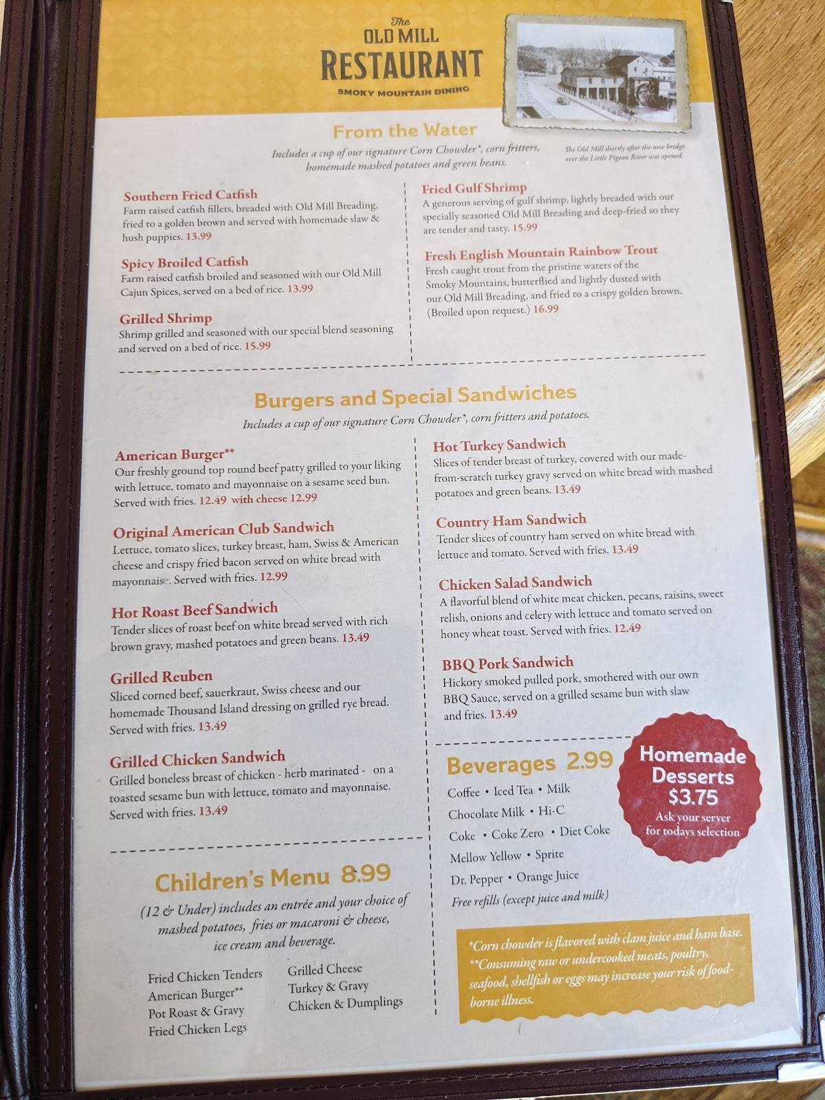 Menu at The Old Mill Restaurant, Pigeon Forge, 164 Old Mill Ave