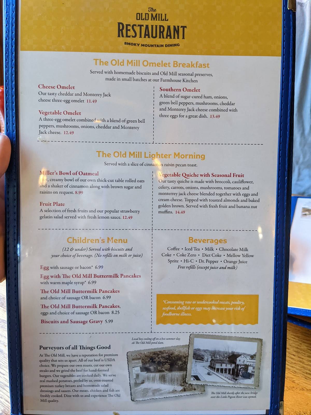 Menu at The Old Mill Restaurant, Pigeon Forge, 164 Old Mill Ave
