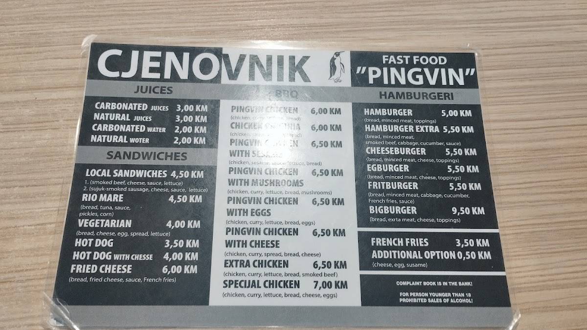 Menu at Pingvin restaurant, Sarajevo, Maršala Tita 33
