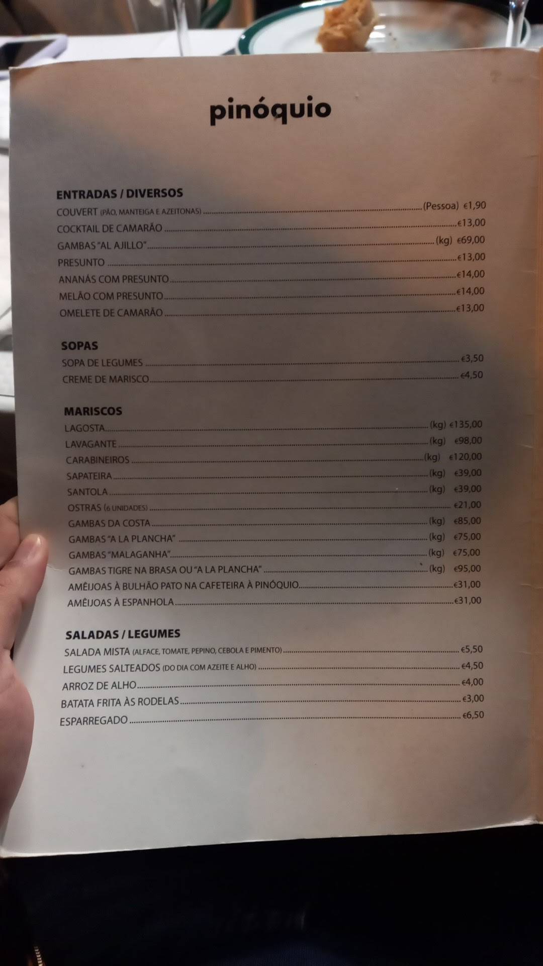Menu at Pinóquio restaurant, Lisbon, Praça dos Restauradores 79 80