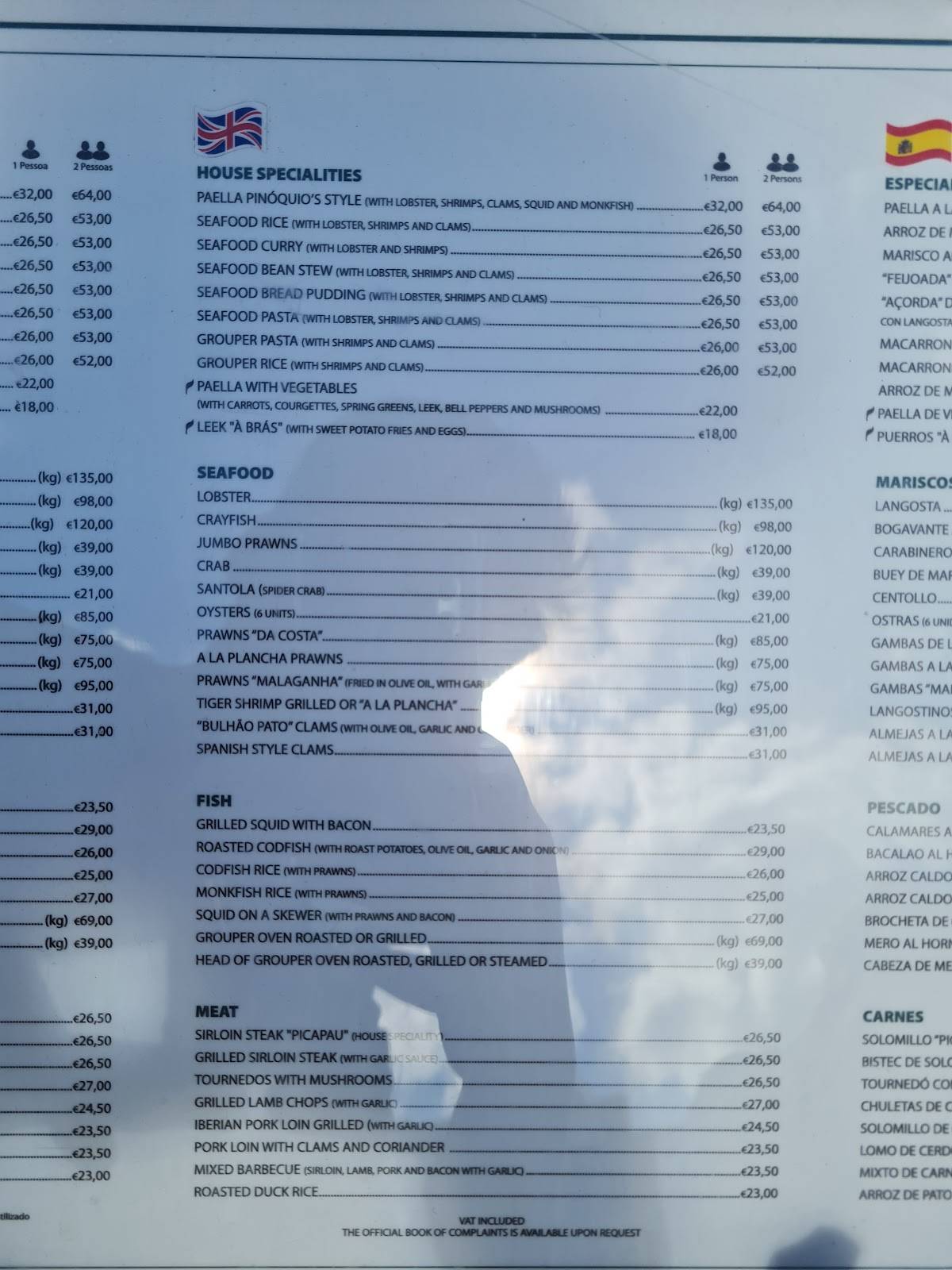 Menu at Pinóquio restaurant, Lisbon, Praça dos Restauradores 79 80