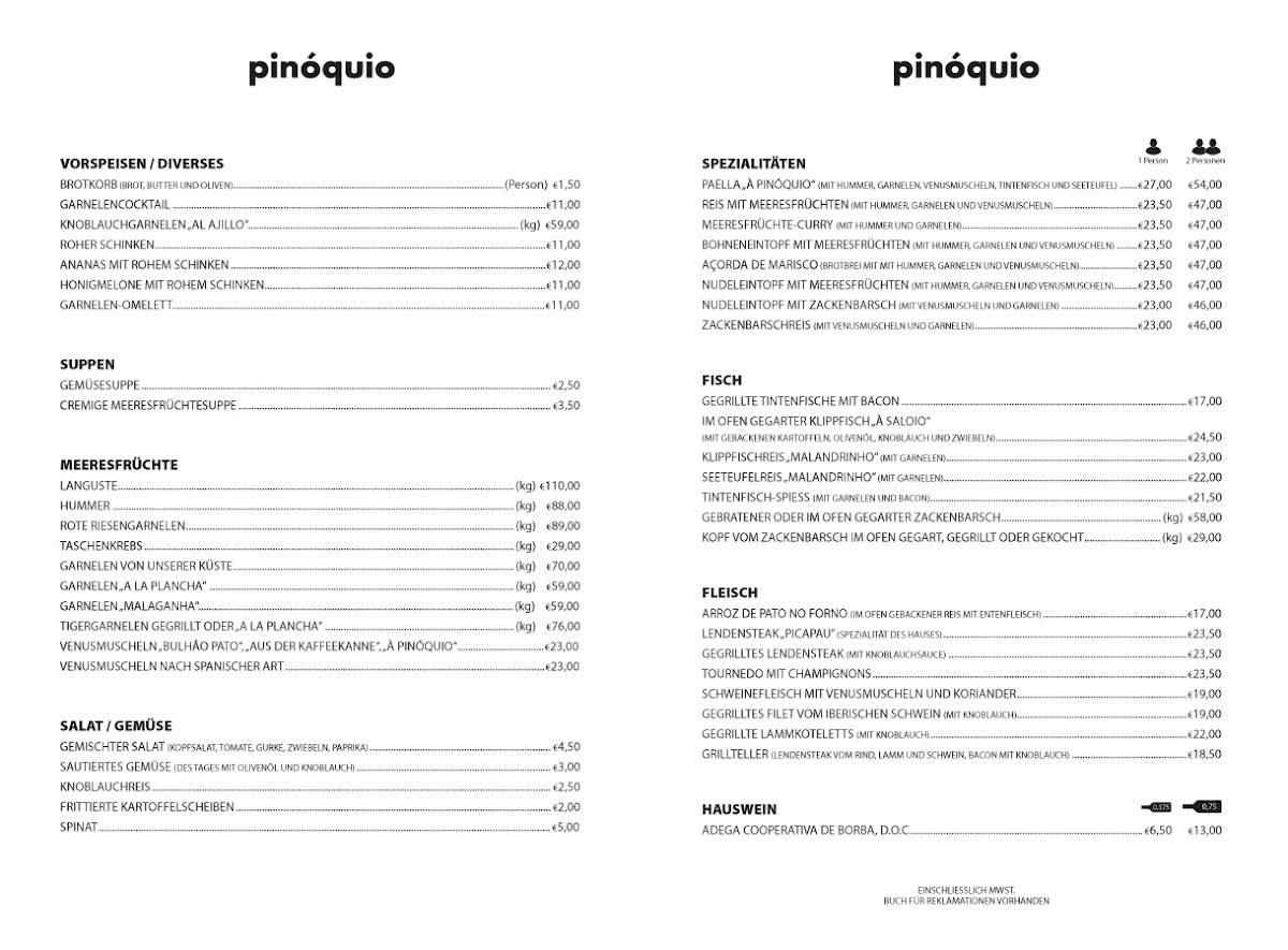 Menu at Pinóquio restaurant, Lisbon, Praça dos Restauradores 79 80