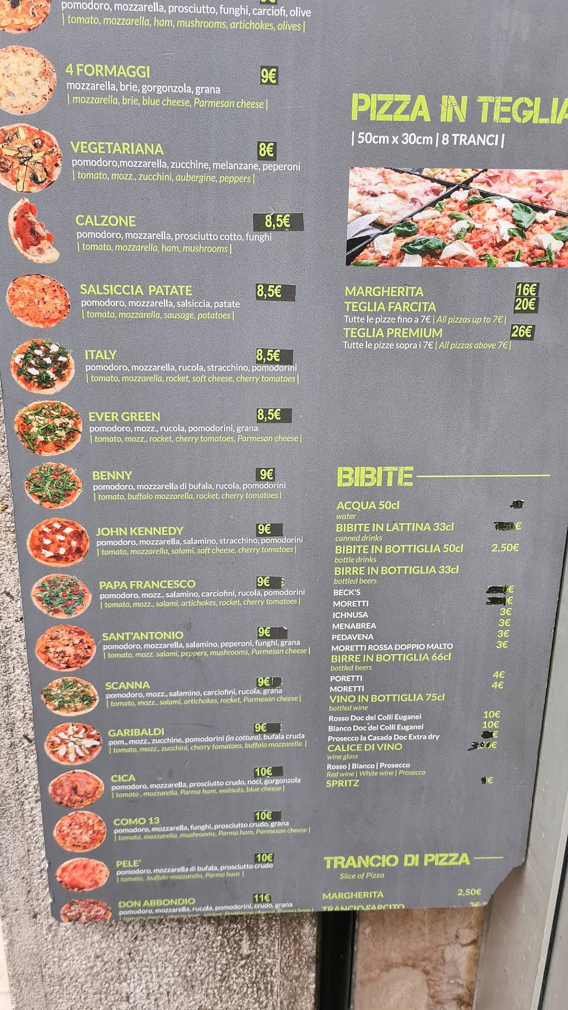 Carta de Pinsa Pizzeria, Padua, Corso Giuseppe Garibaldi