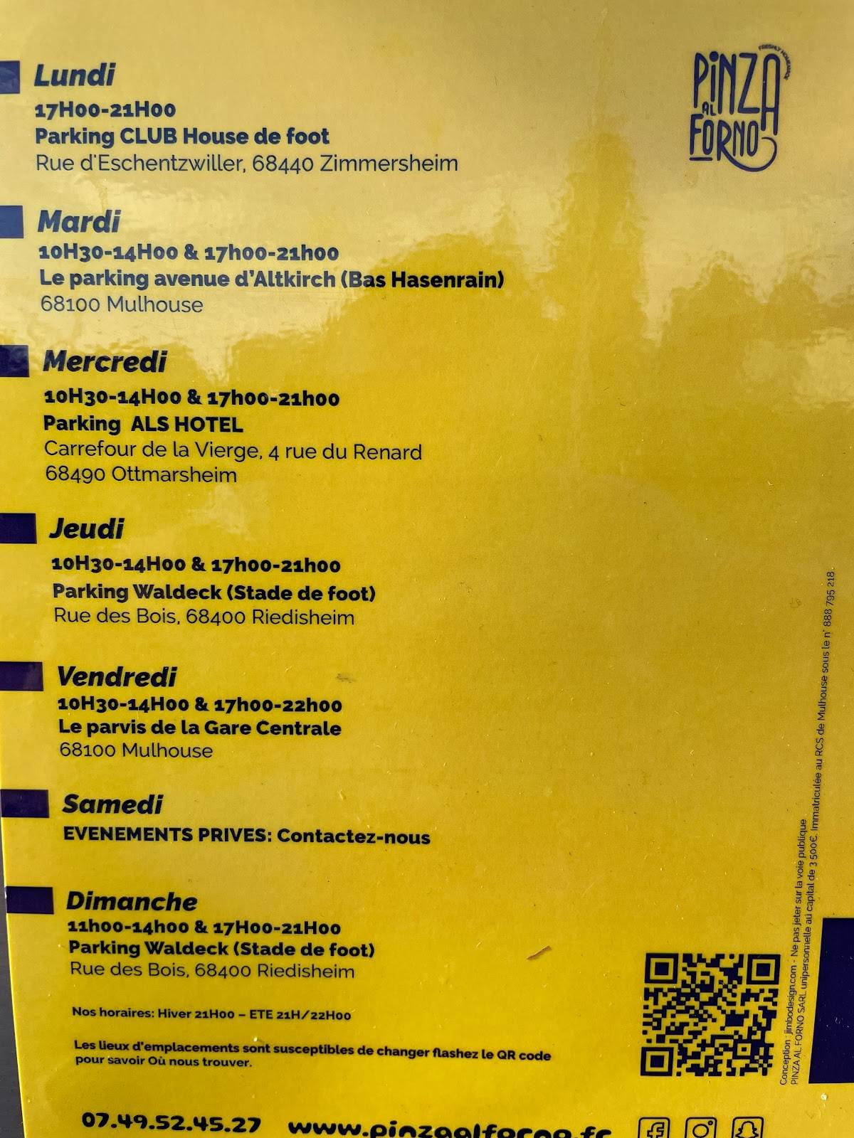 Menu au Pinza al Forno restaurant, Mulhouse