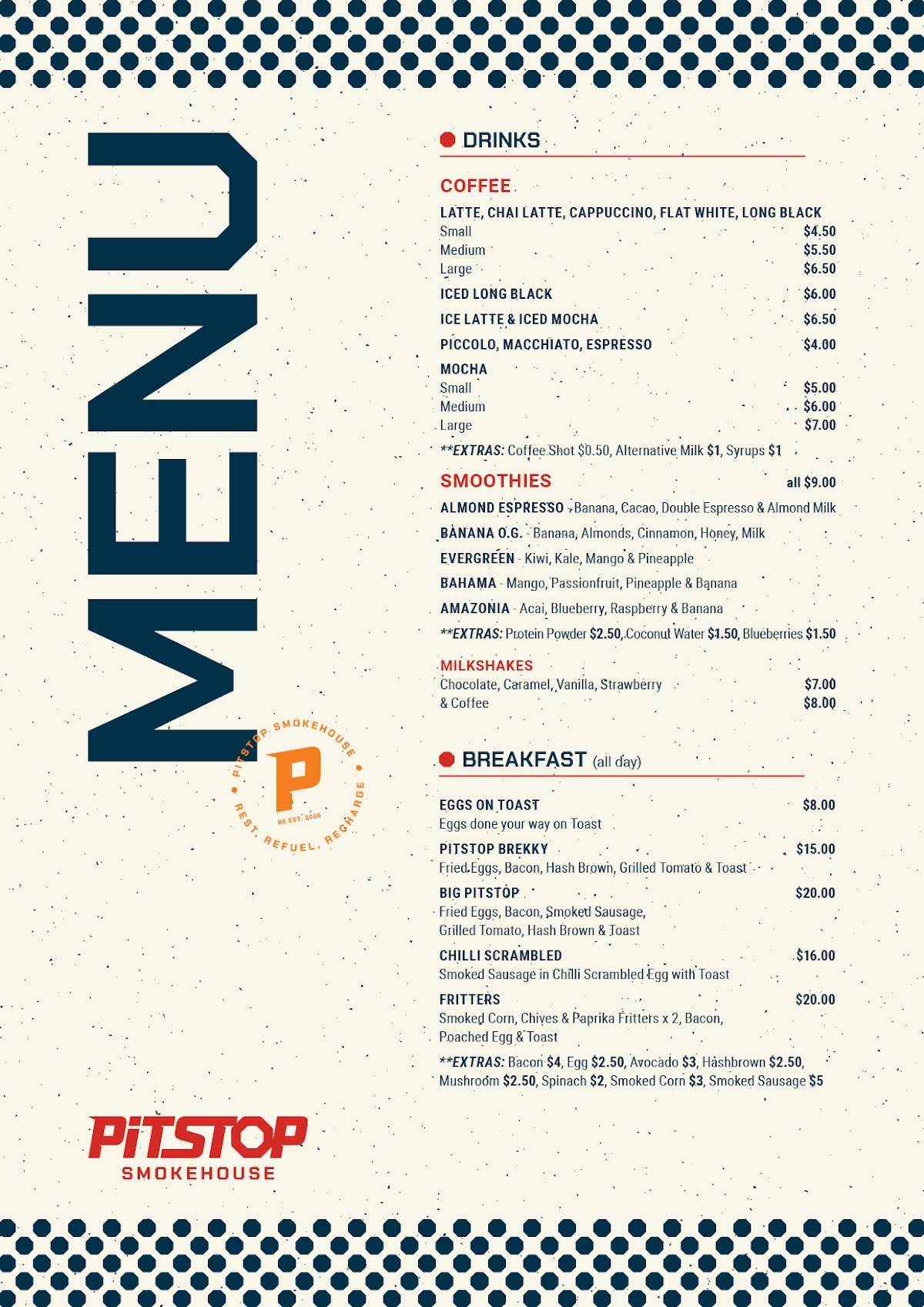 Menu at PitStop Smokehouse &Cafe, Nerang