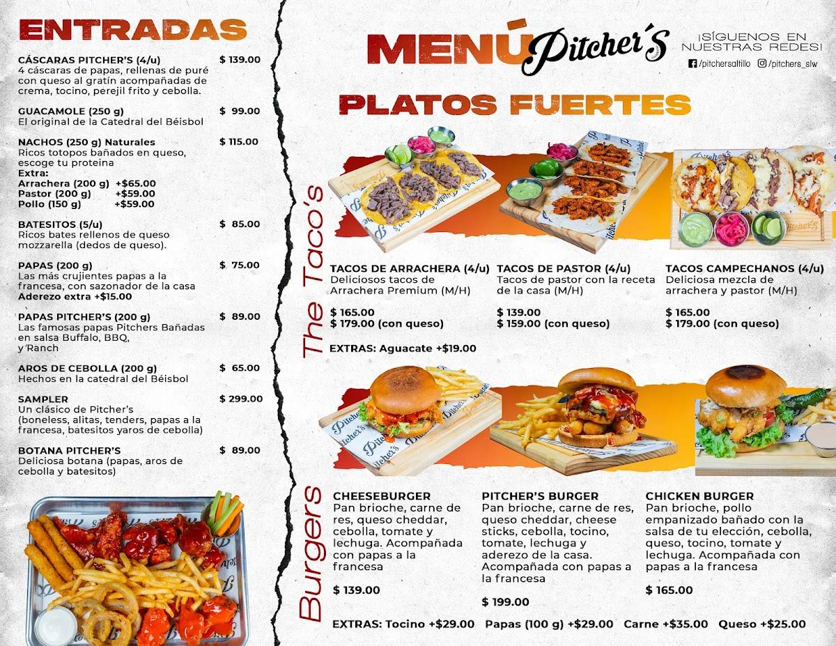 Carta del restaurante Pitcher's, Saltillo
