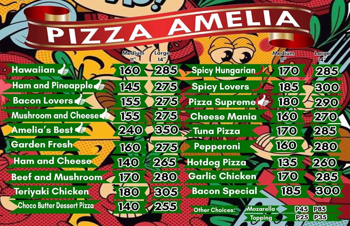 Menu at Pizza Amelia restaurant, Danao City