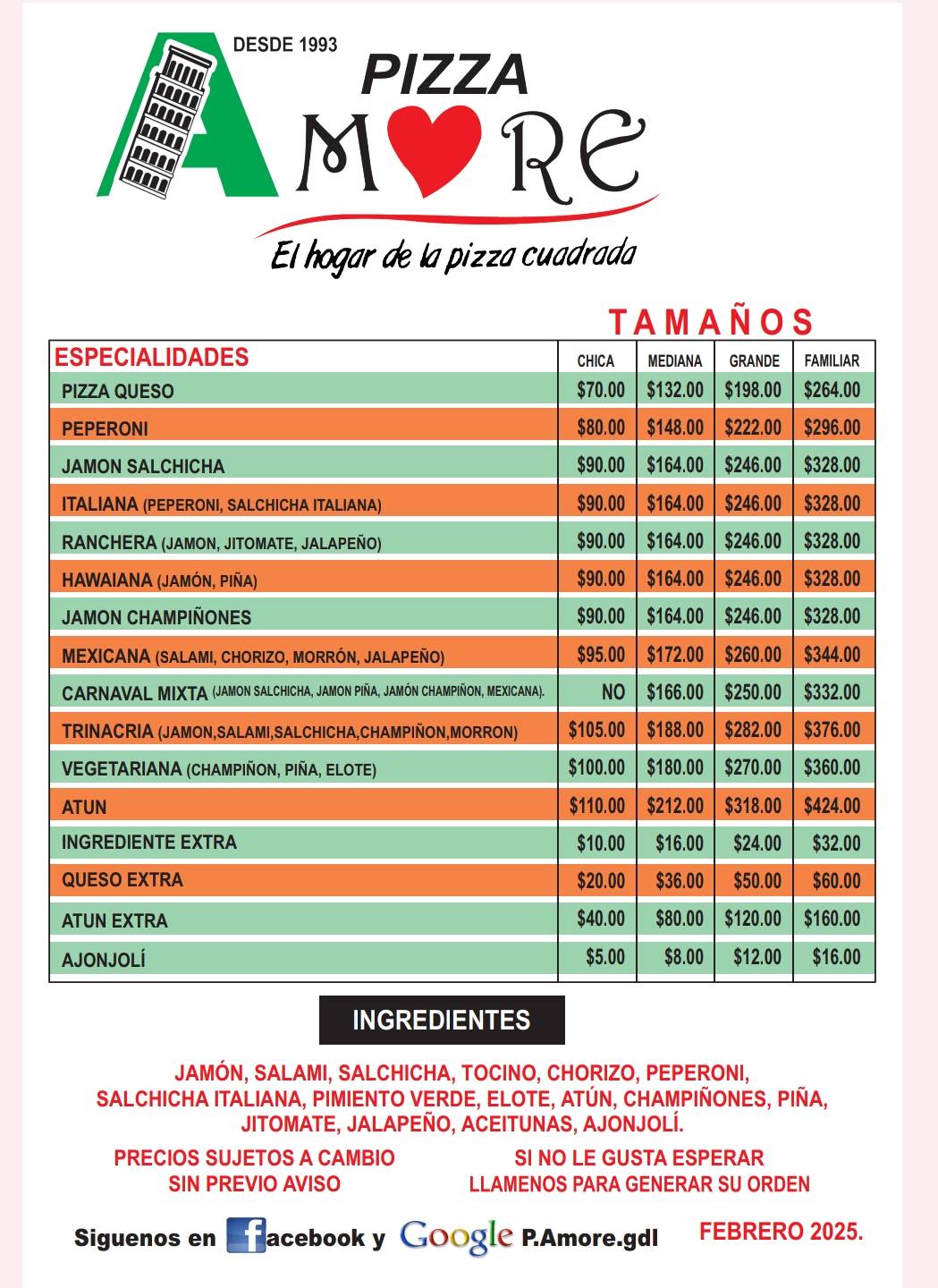 Menu at Pizza Amore (Las originales) restaurant, Guadalajara