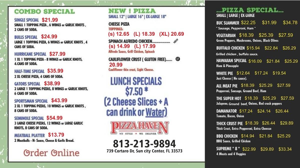 Menu at Pizza Haven - NY Style pizzeria, Sun City Center