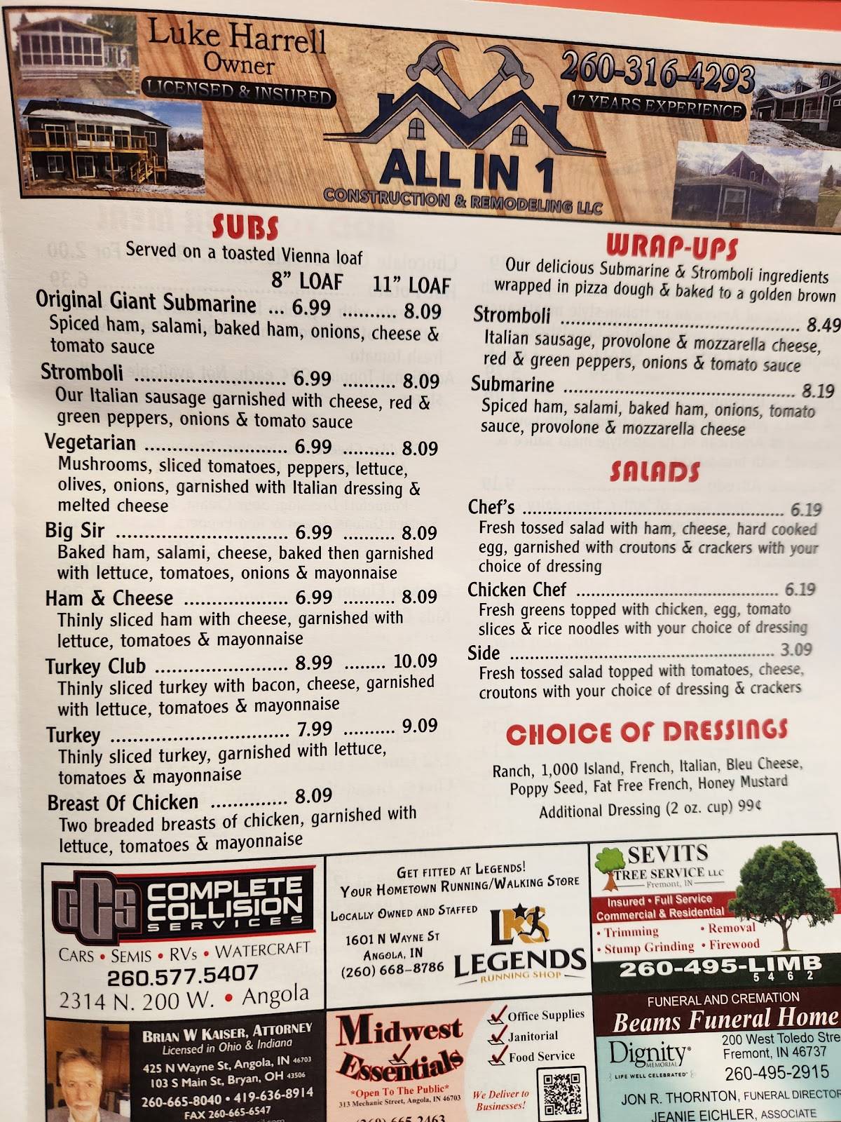 Menu at Pizza King pizzeria, Angola, N Wayne St