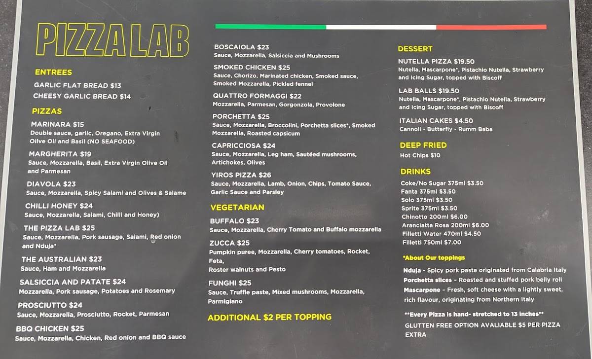 Menu at Pizza Lab restaurant, Mawson Lakes
