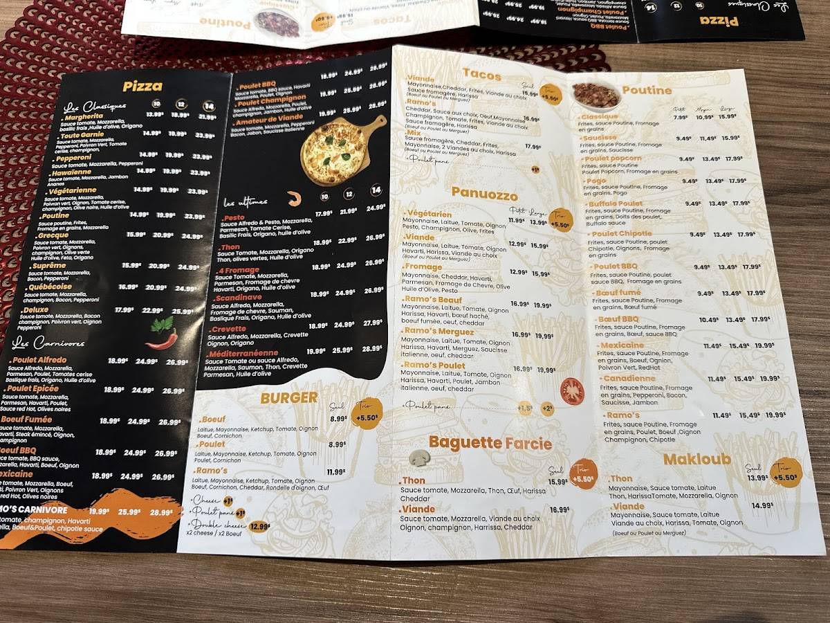 Menu au Pizza Ramos pizzeria, Québec