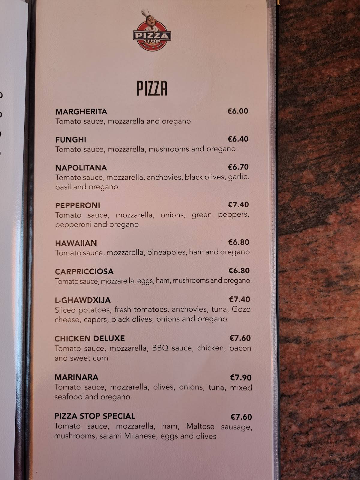 Menu at Pizza Stop restaurant, Żebbuġ, Triq Santa Marija Qbajjar Promenade