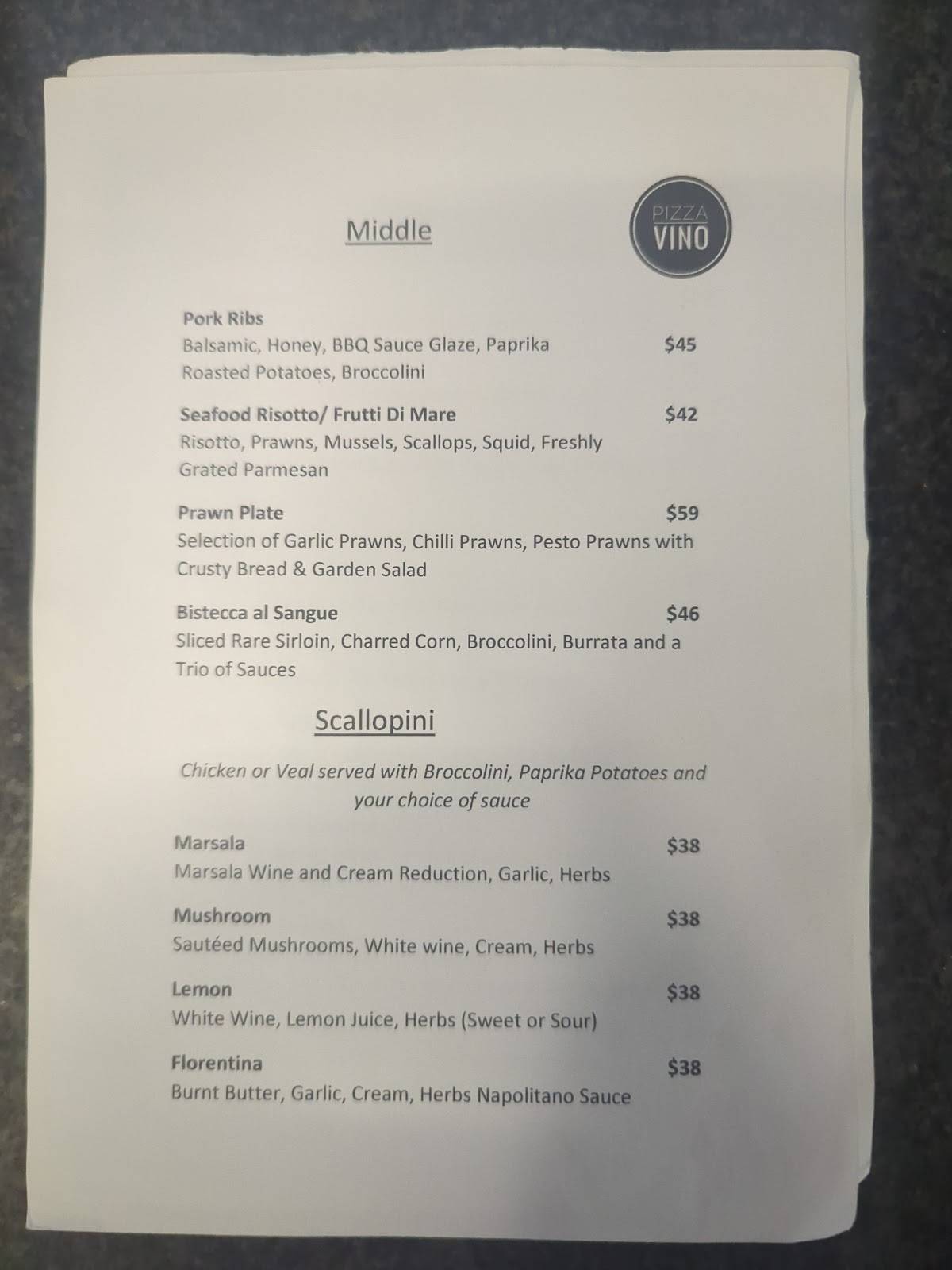 Menu at Pizza Vino restaurant, Coffs Harbour, Jetty Village