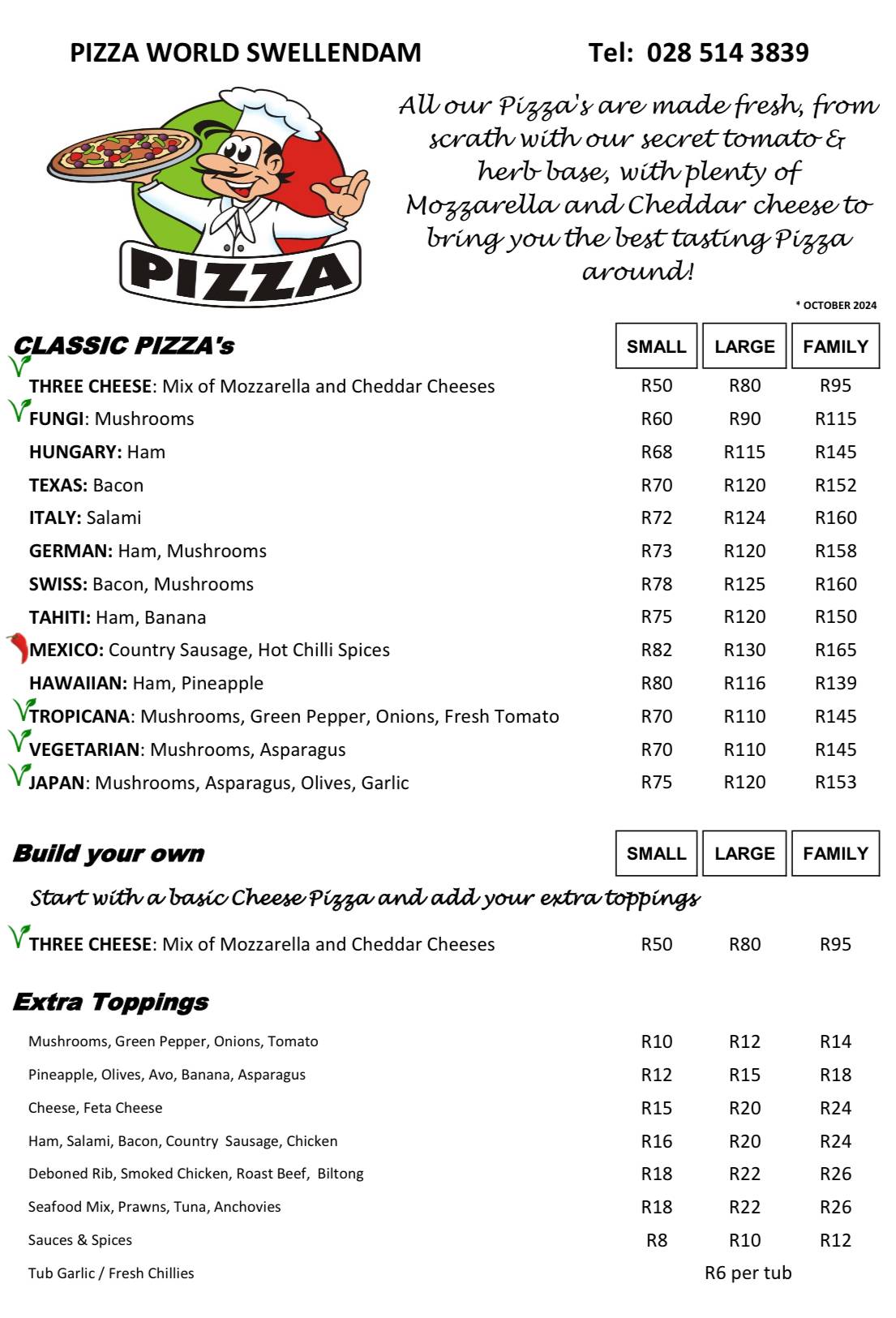 Menu at Pizza World pizzeria, Swellendam