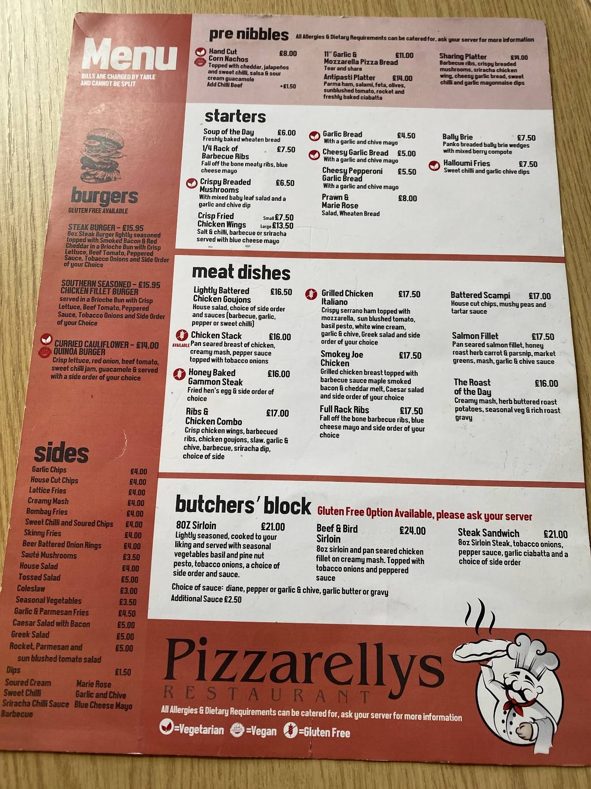 Menu at Pizzarellys restaurant, Lisburn
