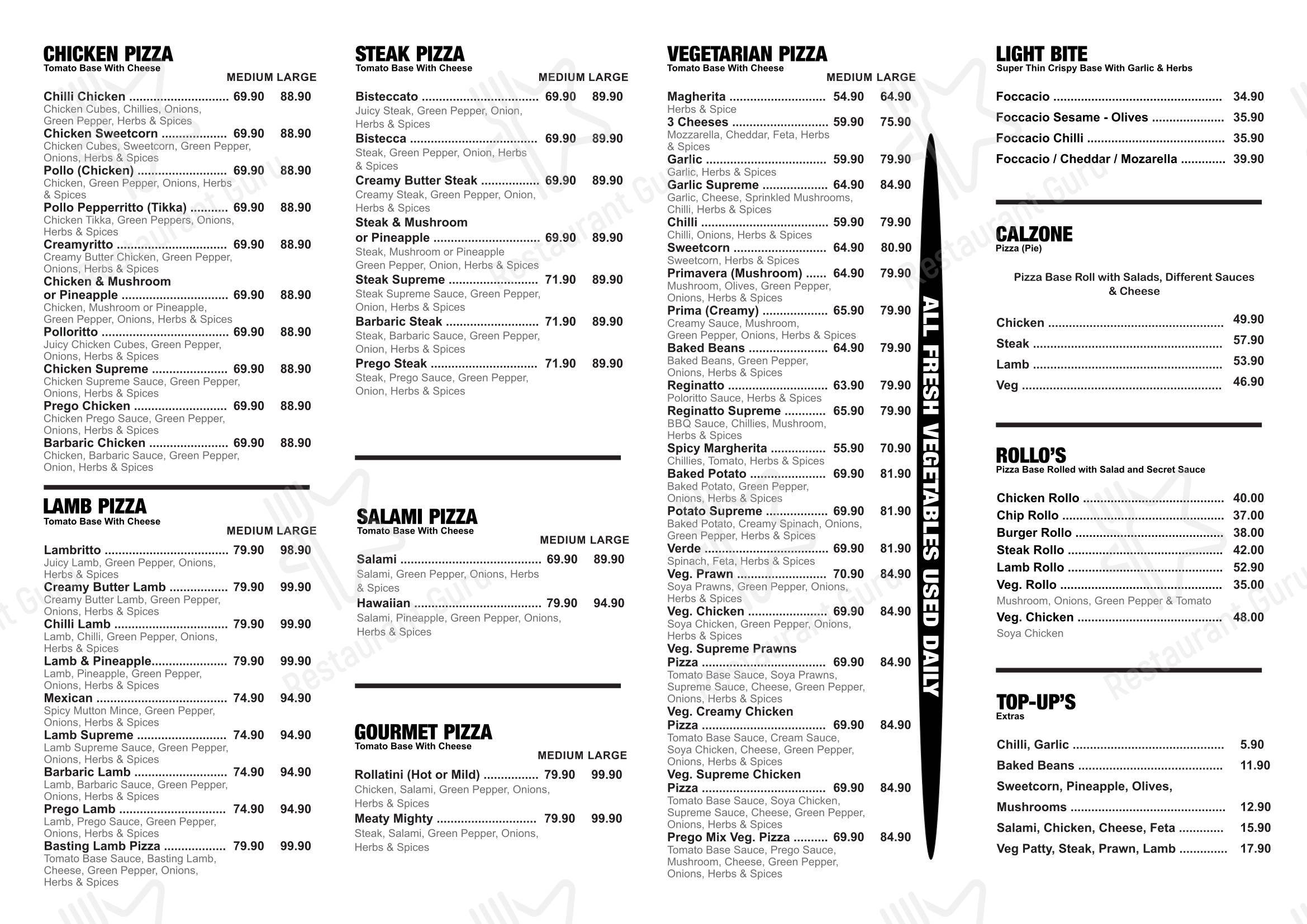 Menu at Pizzaritto Overport restaurant, Berea