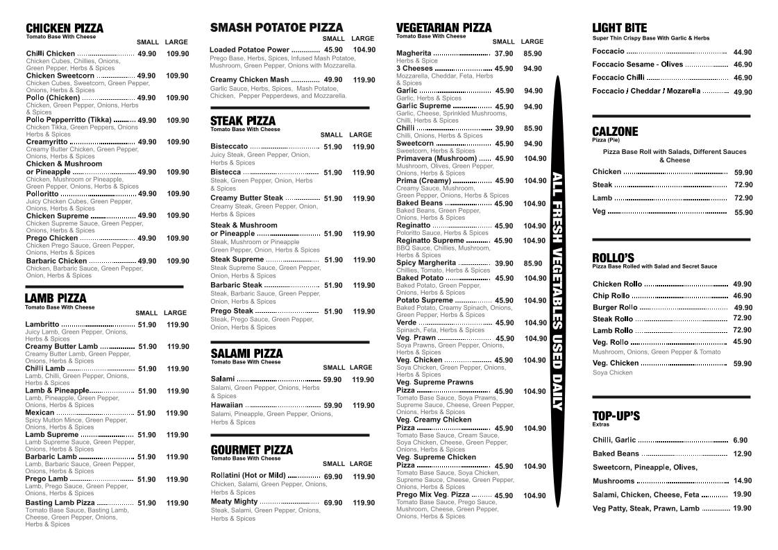 Menu at Pizzaritto Overport restaurant, Berea