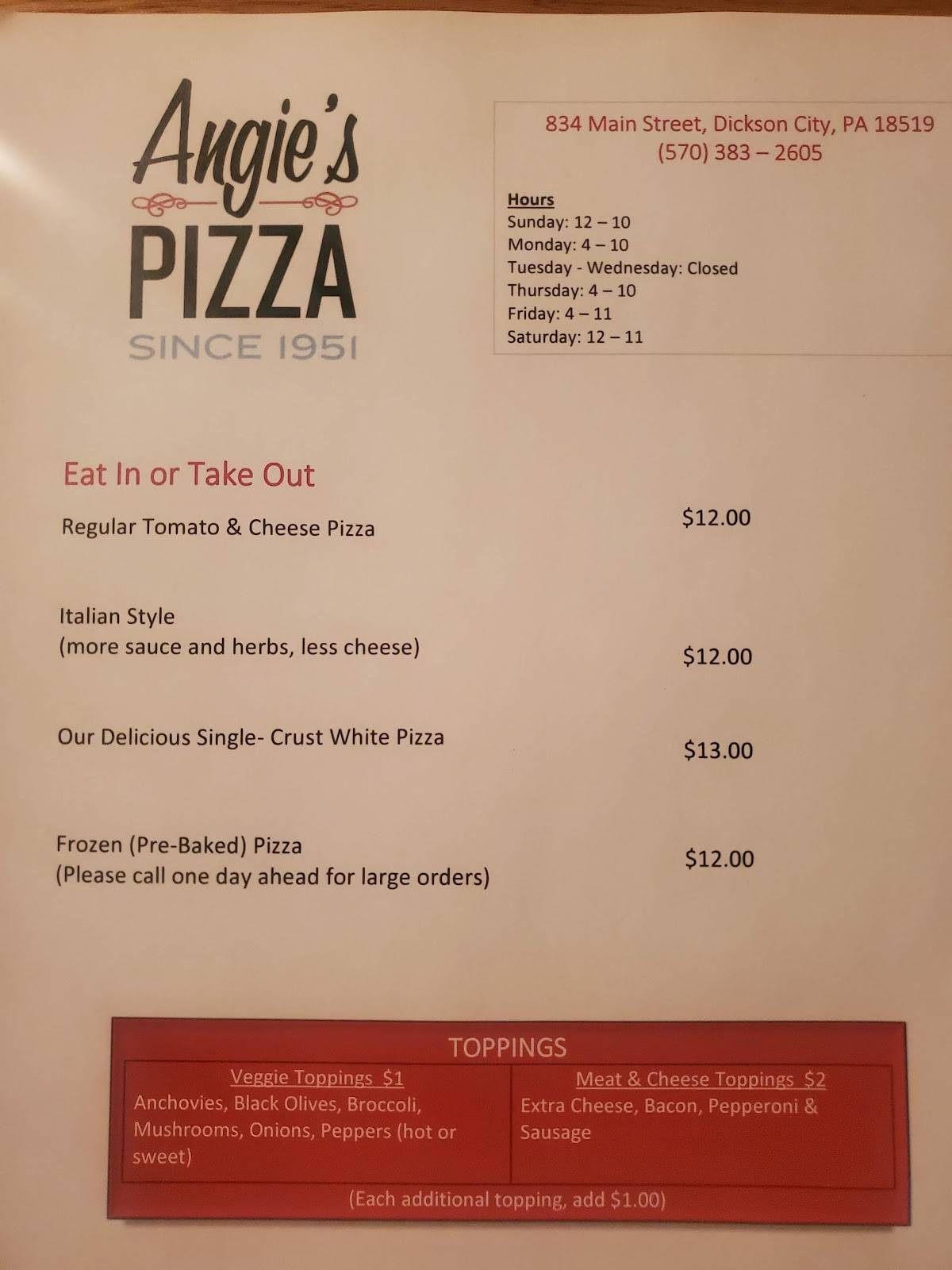 Menu at Angie's Pizza pizzeria, Dickson City
