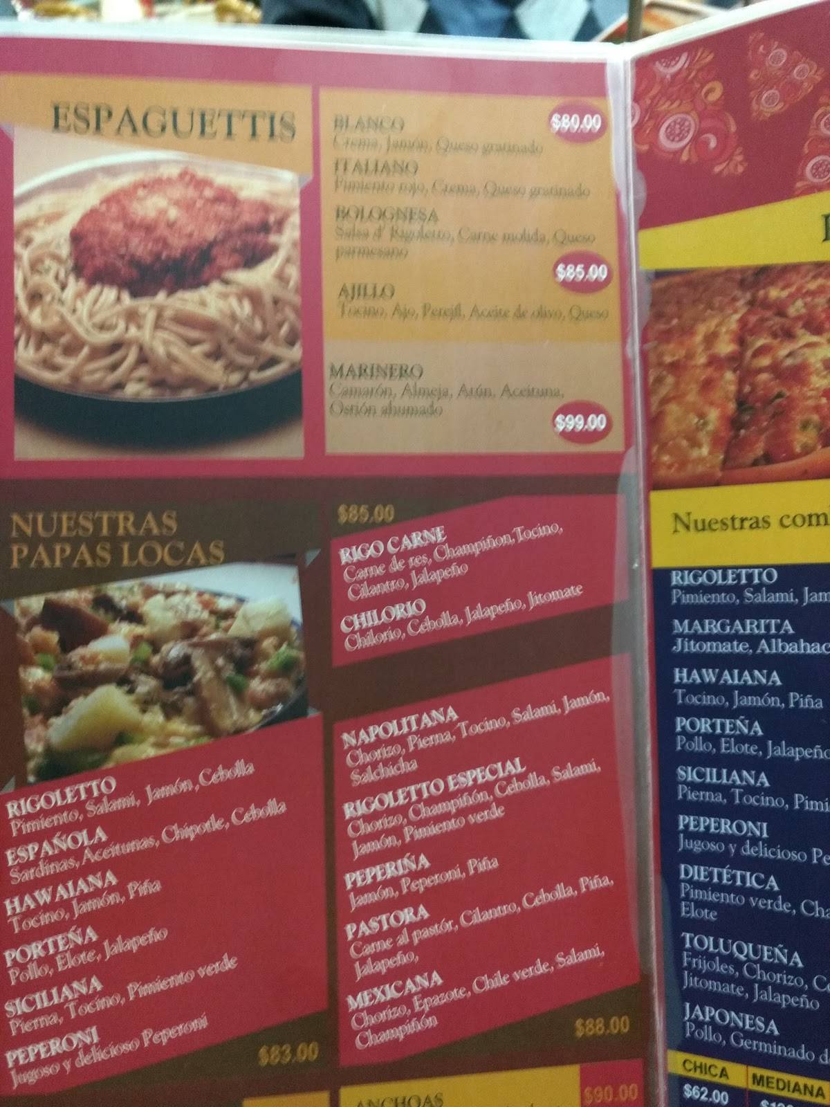 Carta de pizzería Rigoletto Pizza, Tulancingo