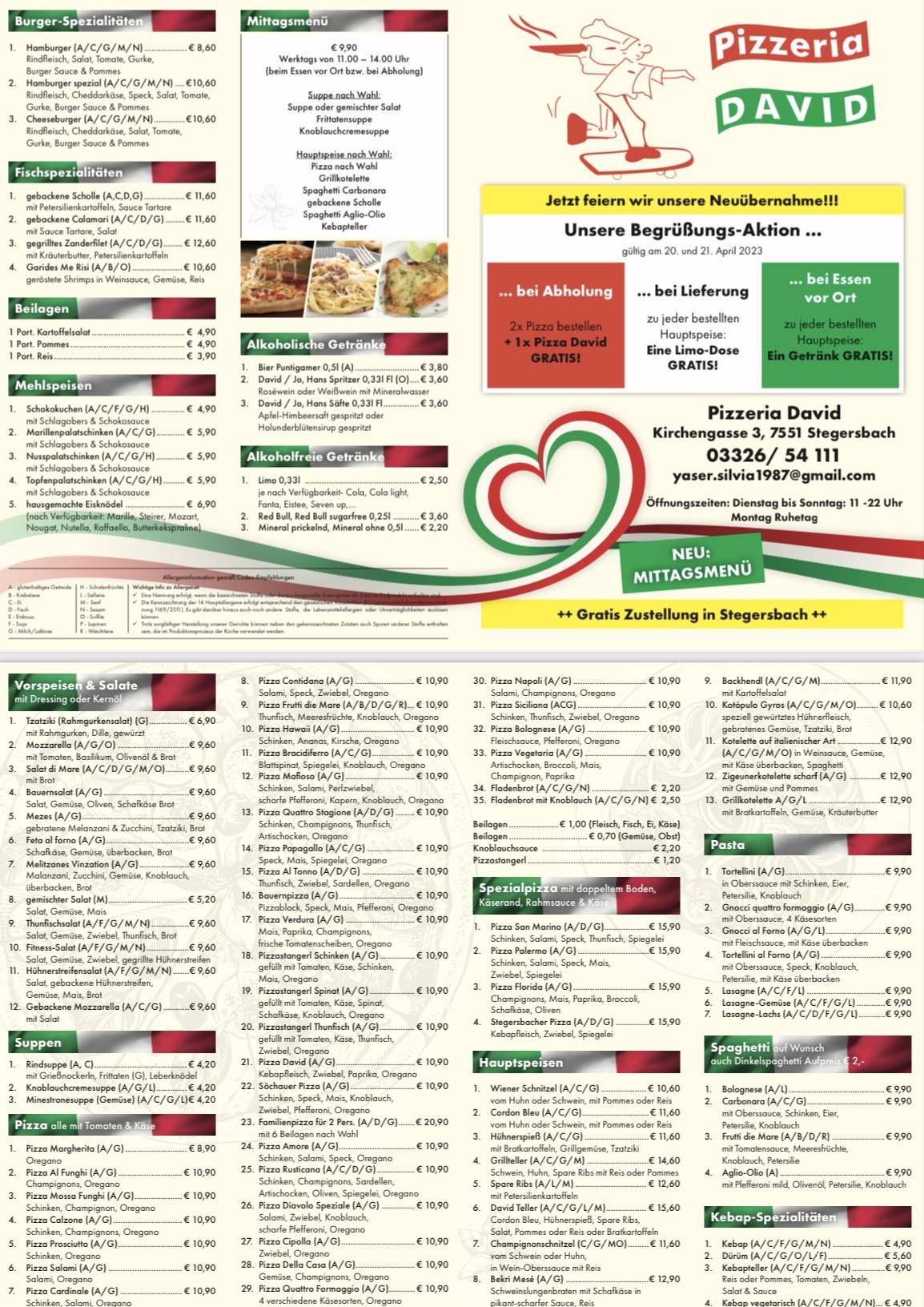 Speisekarte von Pizzeria David, Stegersbach