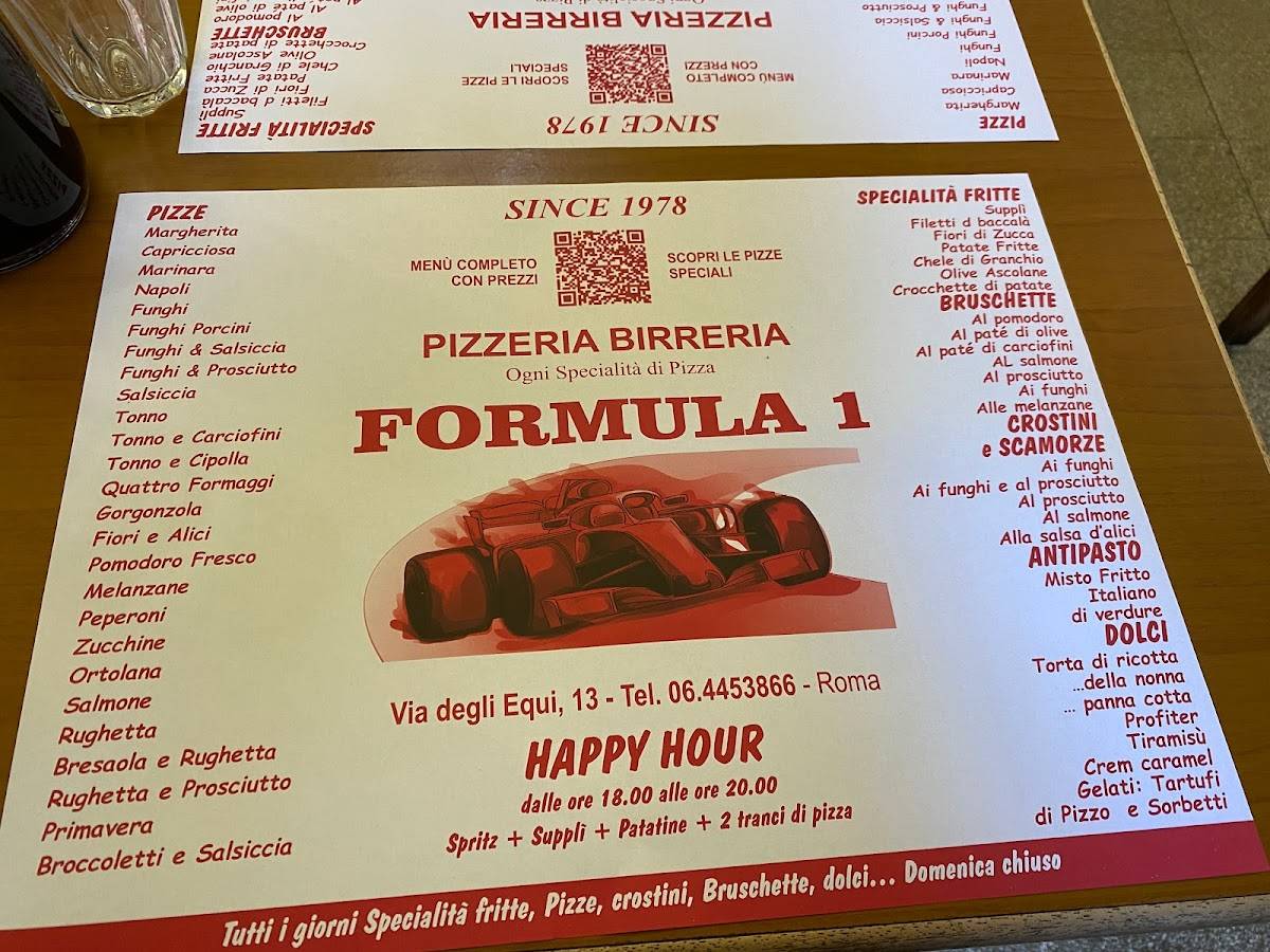 Speisekarte von Pizzeria Formula 1, ROM