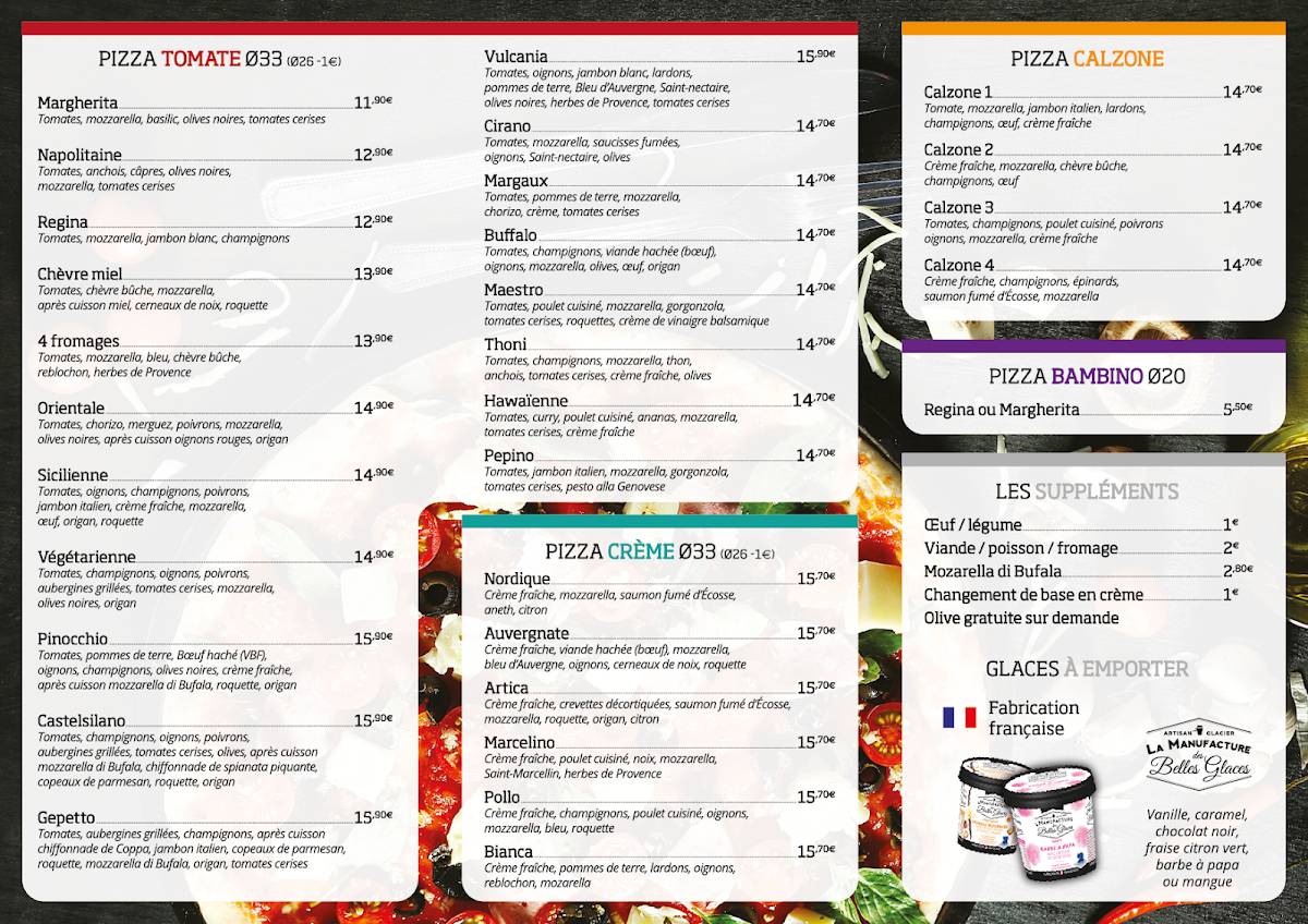 Carta de pizzería LE PINOCCHIO PIZZA, Paray-le-Monial