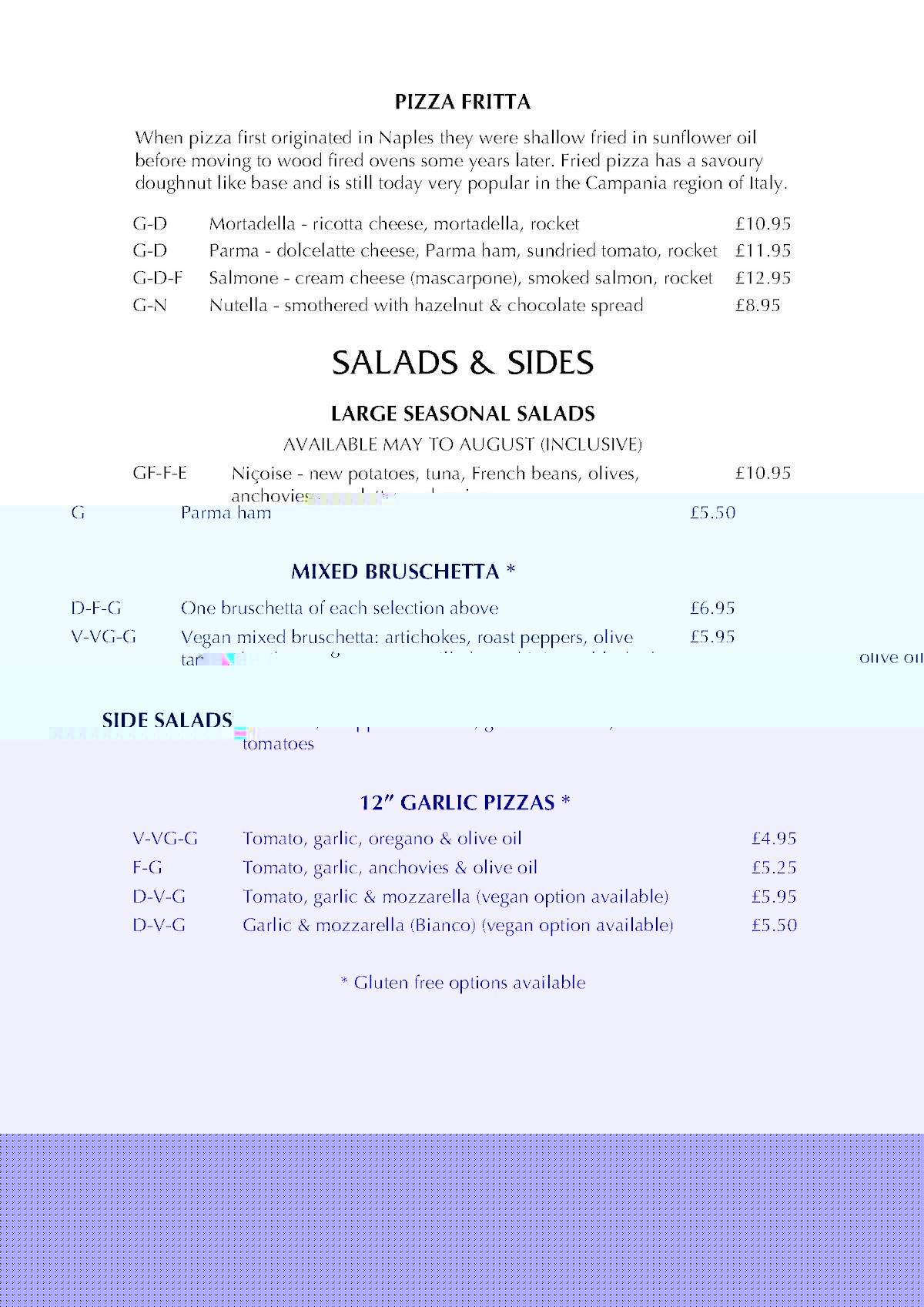 Menu at La Tavernetta restaurant, Ingleton