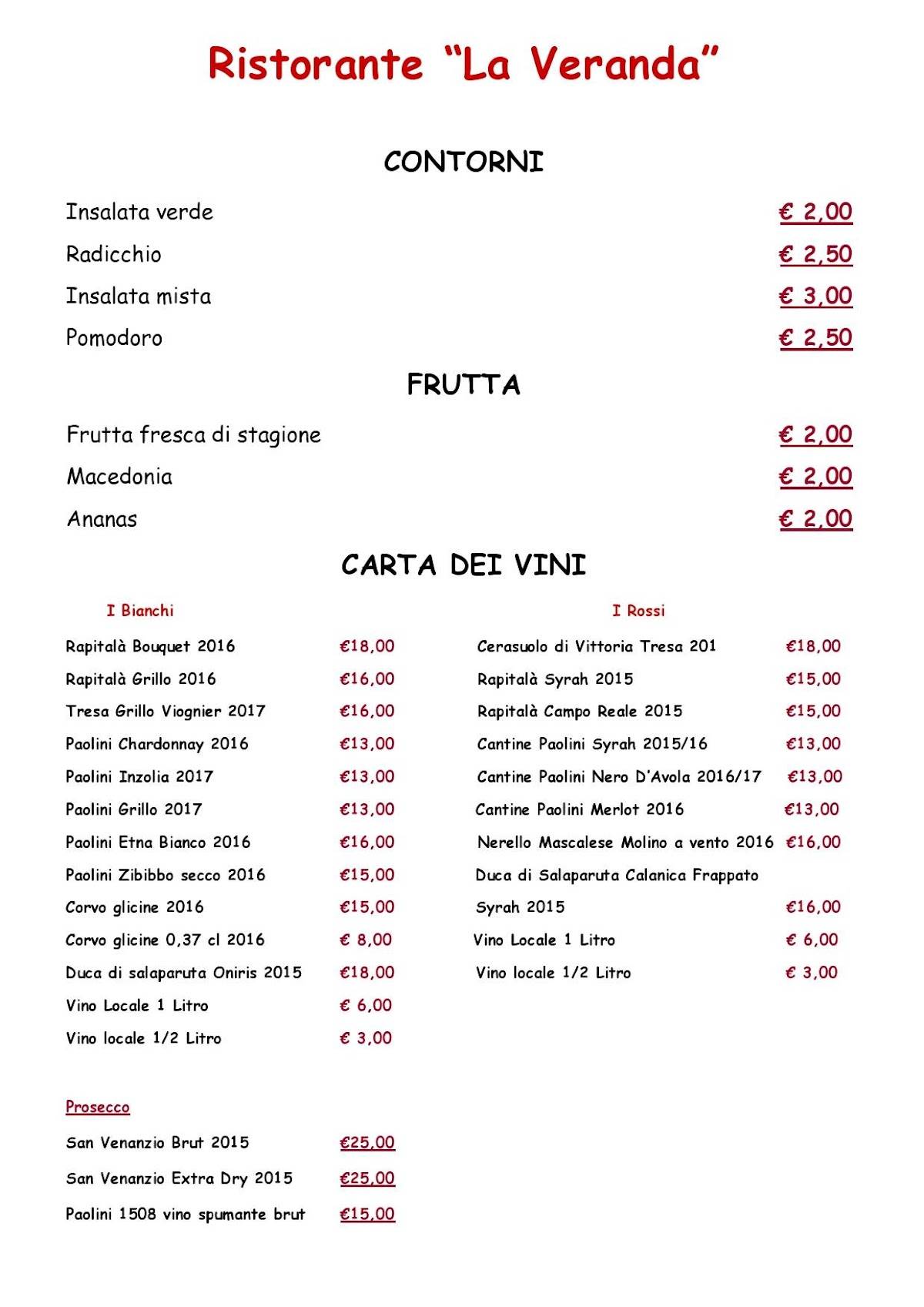 Menu da La Veranda pizzeria, Enna