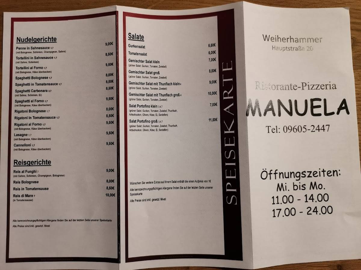 Menu at Restaurant Manuela, Weiherhammer