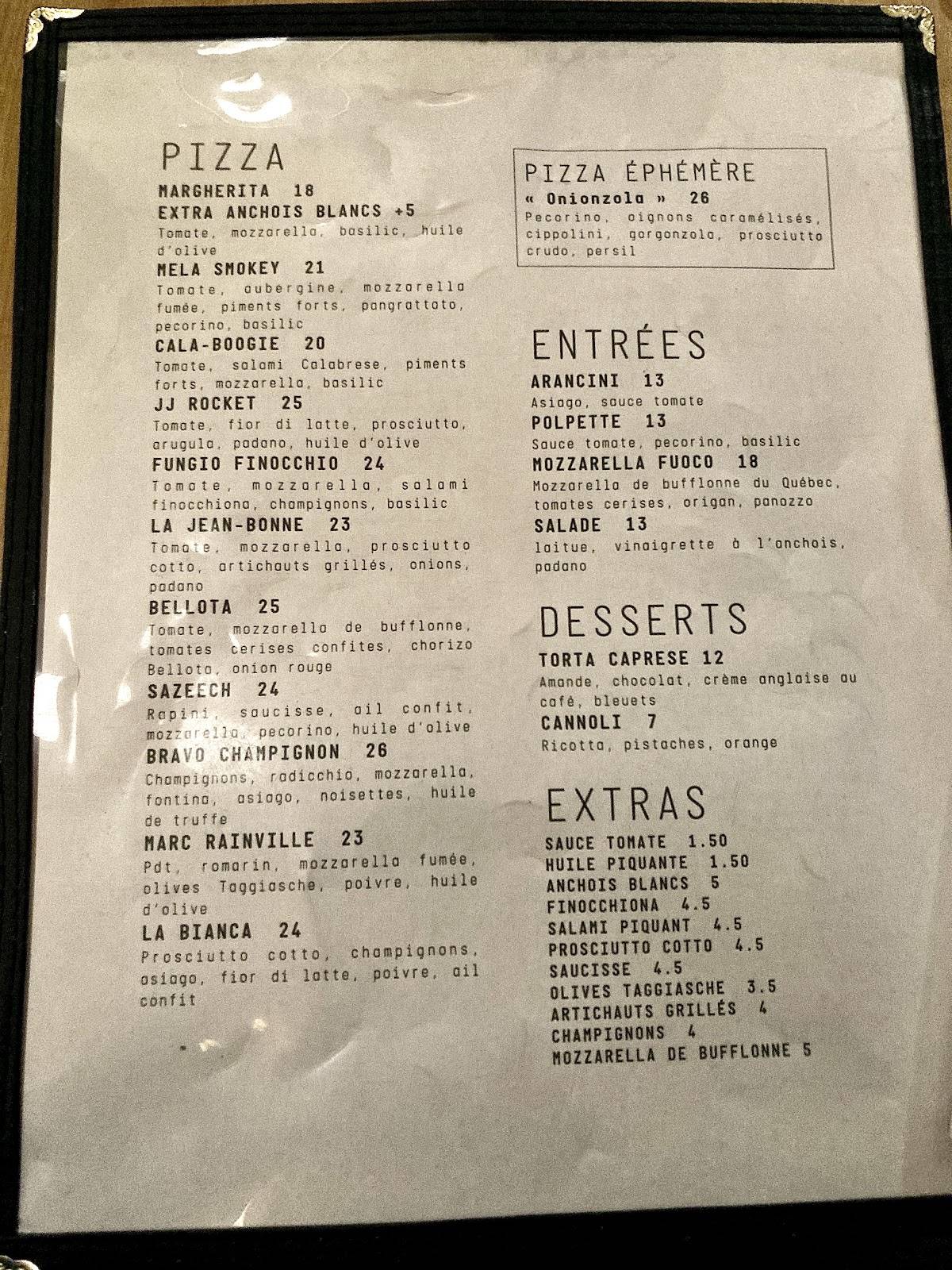 Carta de pizzería Moccione Pizza, Montréal