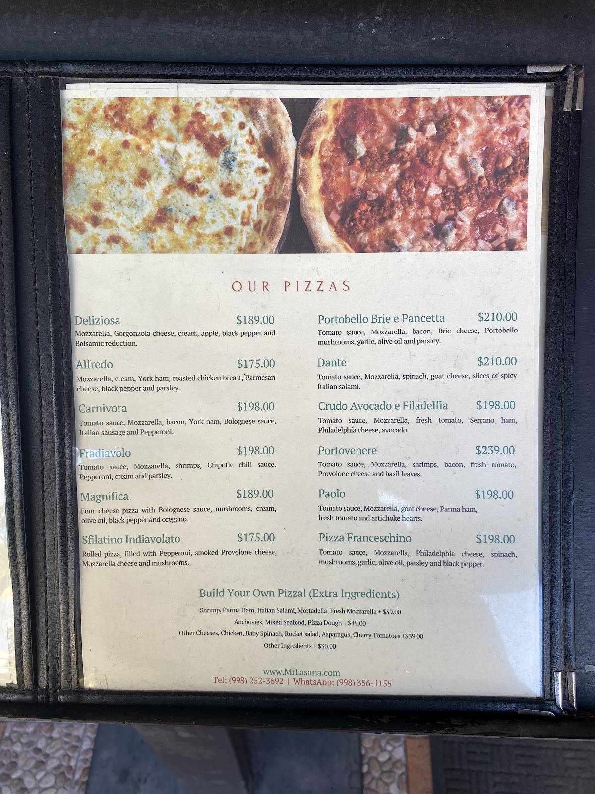 Carta de Mr.Lasaña Trattoria Pizzeria, Cancún, Calle Luciérnaga 503
