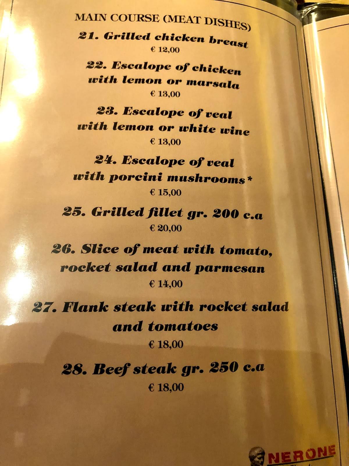 Menu at Nerone pizzeria, Rome, Via del Viminale