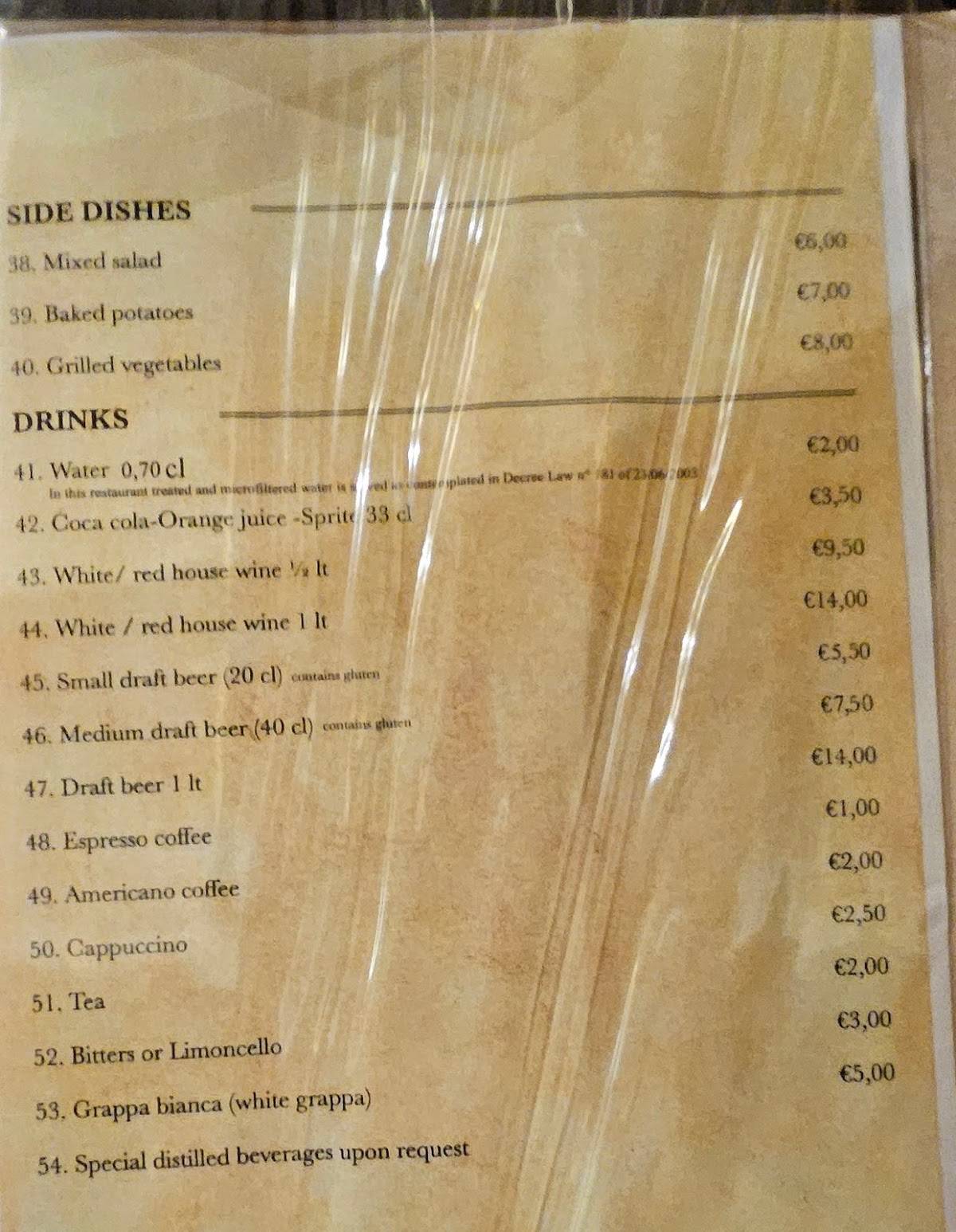 Menu at Nerone pizzeria, Rome, Via del Viminale