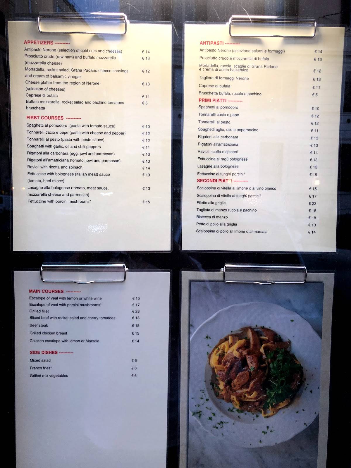 Menu at Nerone pizzeria, Rome, Via del Viminale