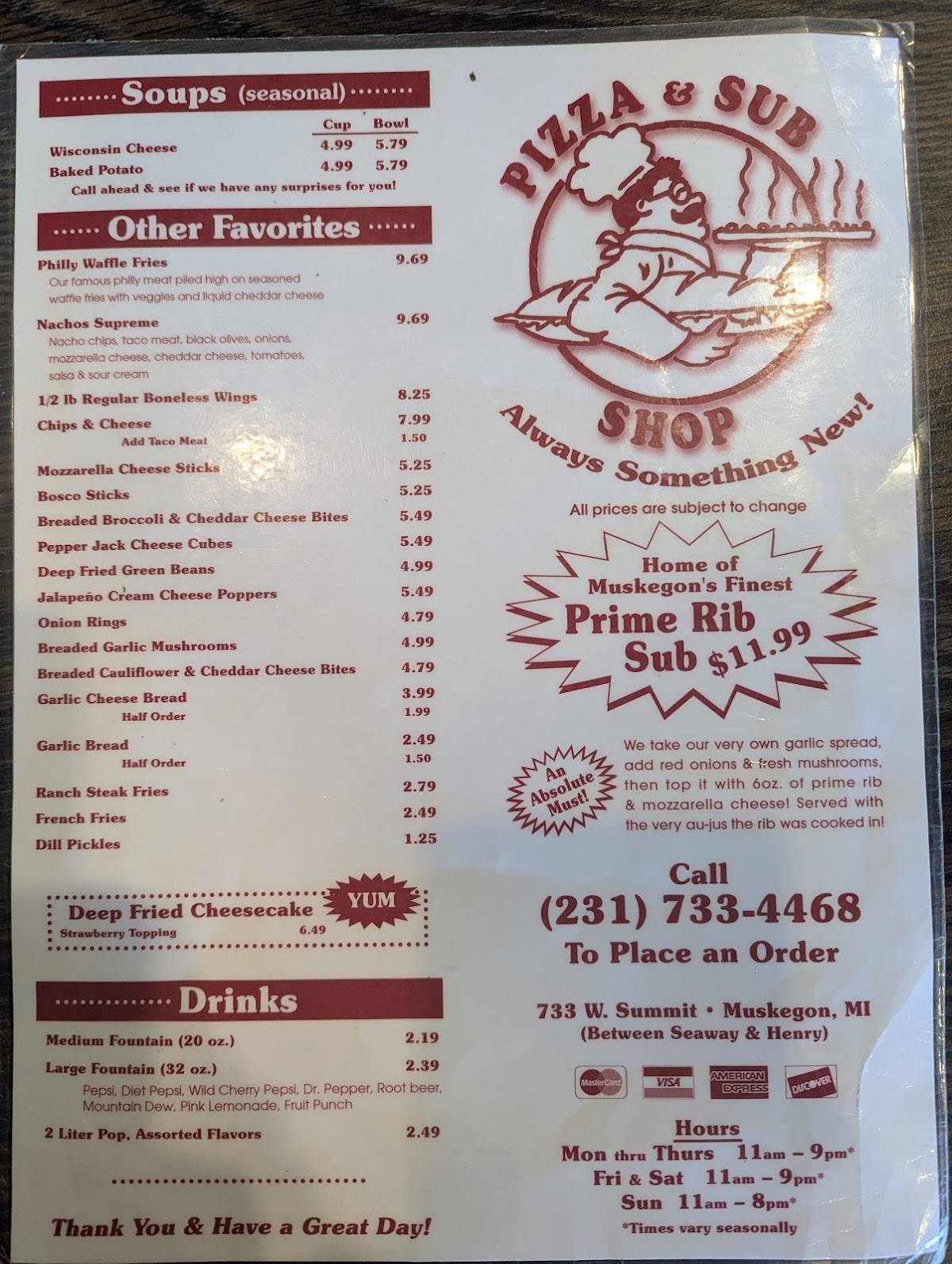 Menu at Pizza & Sub Shop Muskegon pizzeria, Muskegon, 733 W Summit Ave