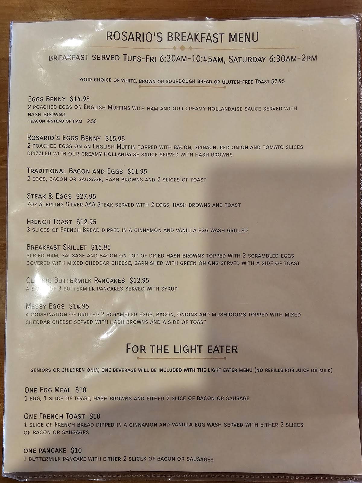 Menu at Rosario's Restaurant, Kitimat