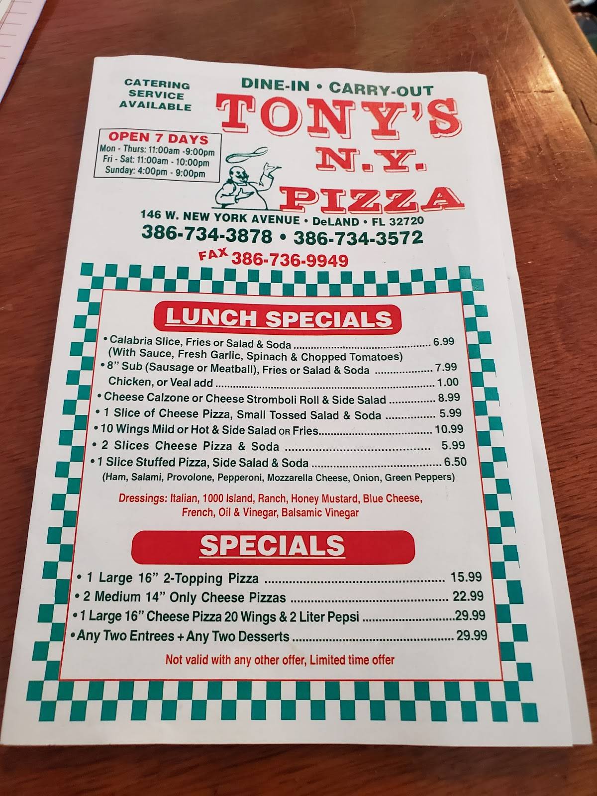 Menu at Tony's New York Pizza pizzeria, DeLand
