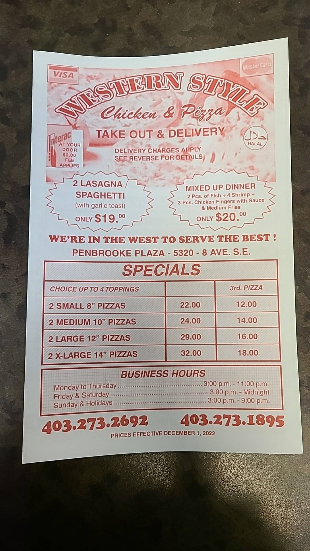 Menu at Western Style Chicken & Pizza pizzeria, Calgary