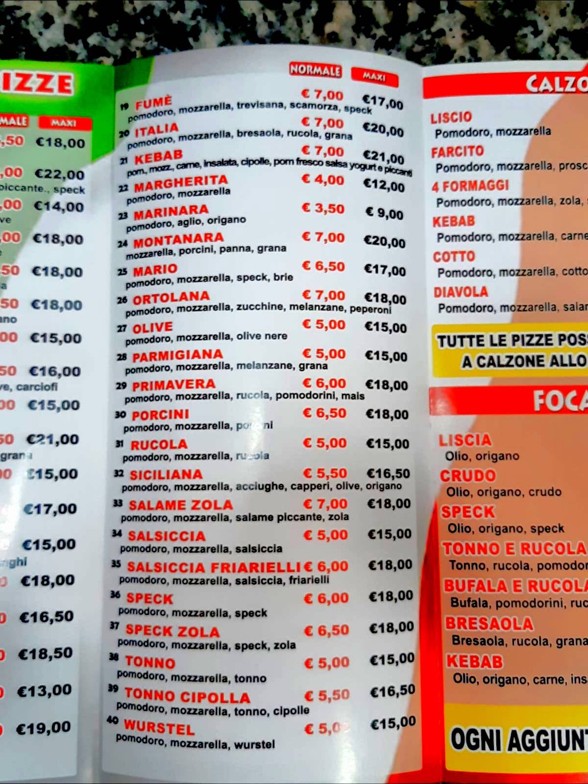 Speisekarte von Pizzeria d'asporto 4 stagioni, Mailand